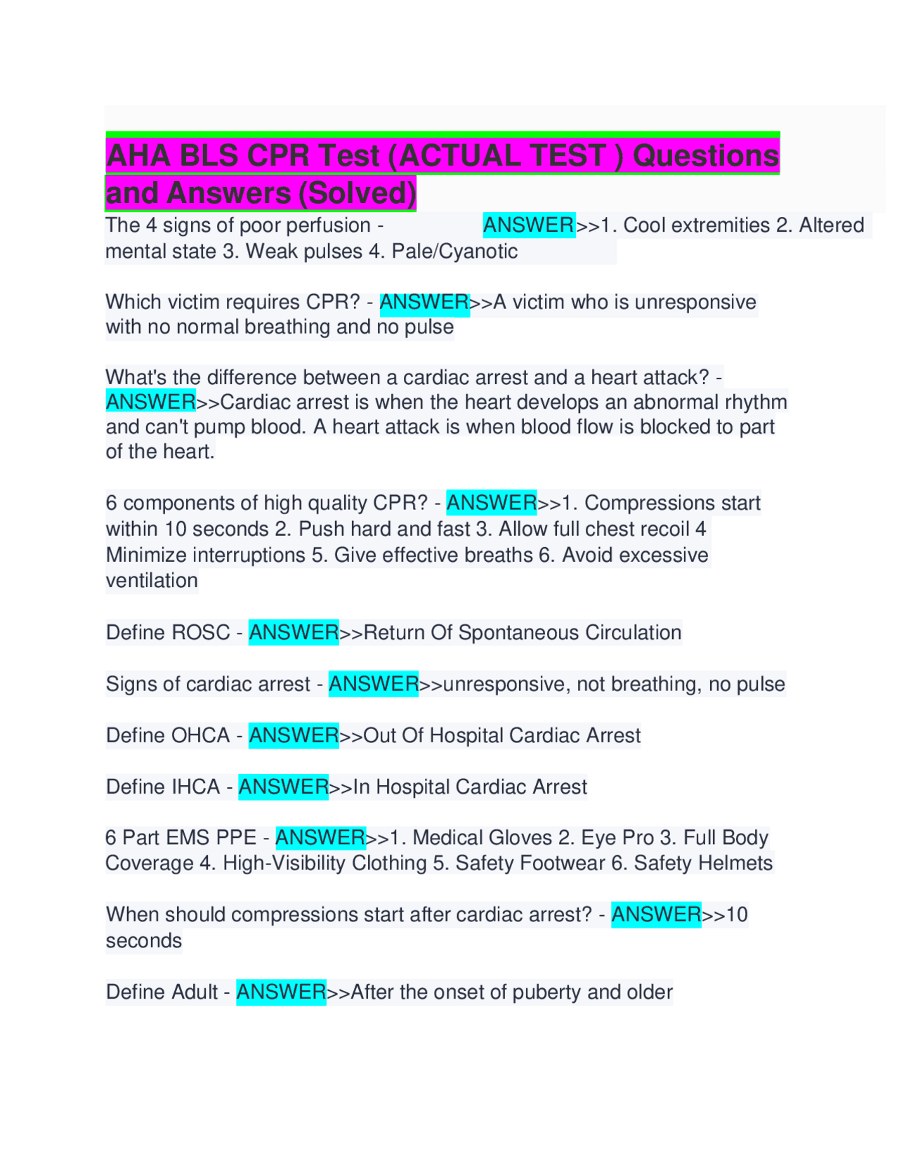 AHA BLS CPR Test (ACTUAL TEST ) Questions and Answers (Solved) | Exams ...