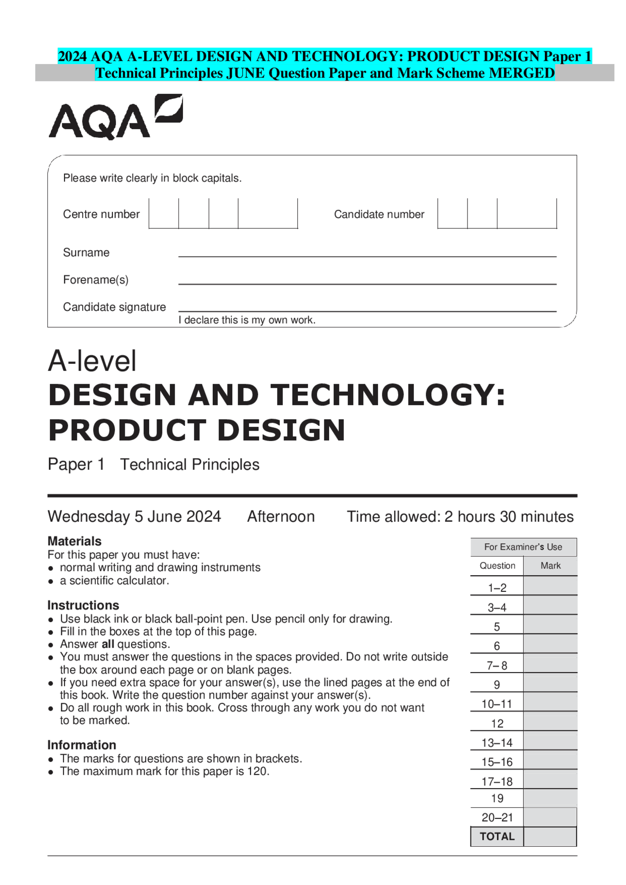 2024 AQA A-LEVEL DESIGN AND TECHNOLOGY: PRODUCT DESIGN Paper 1 ...