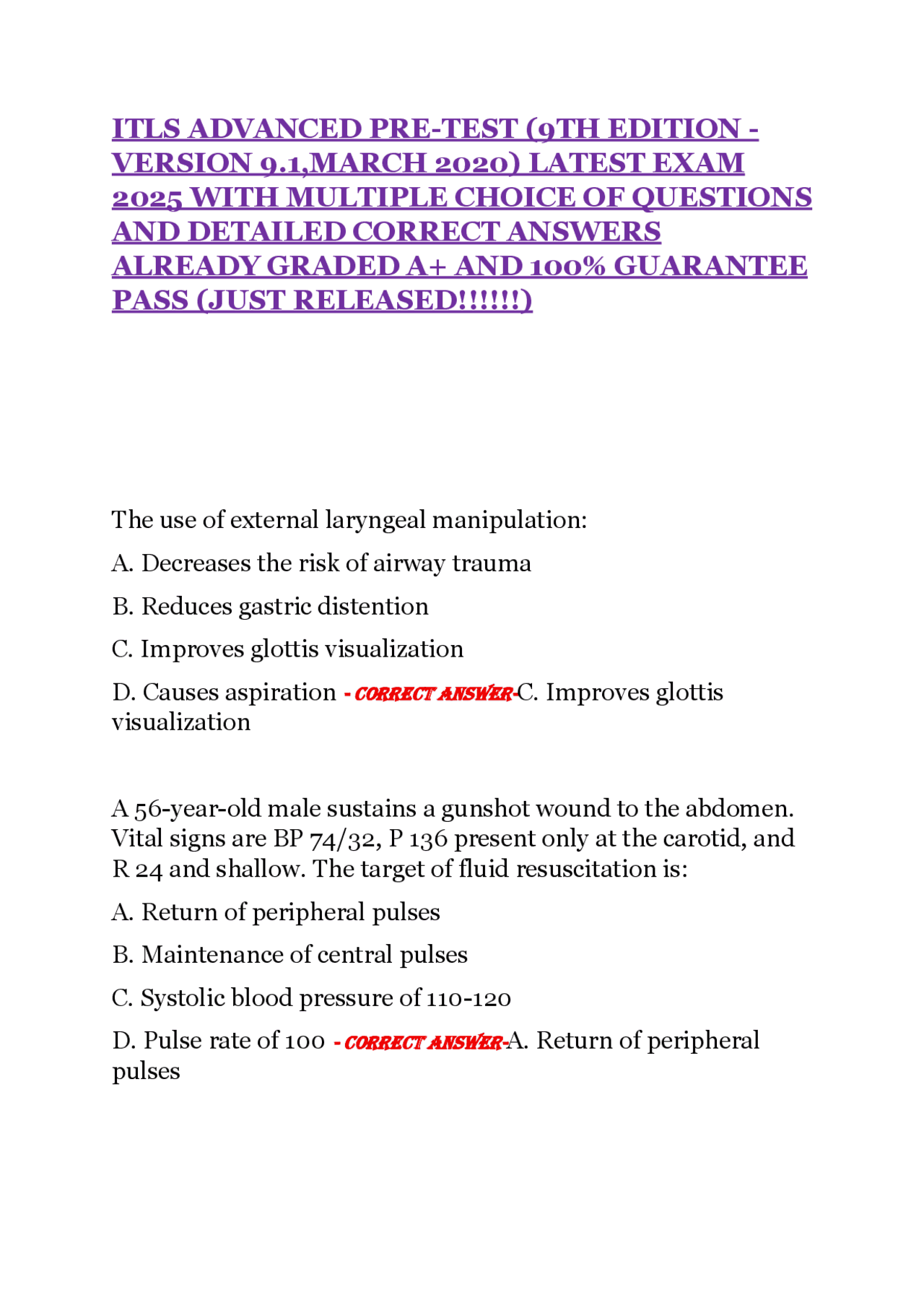 ITLS ADVANCED PRE-TEST (9TH EDITION -VERSION 9.1,MARCH 2020) LATEST ...