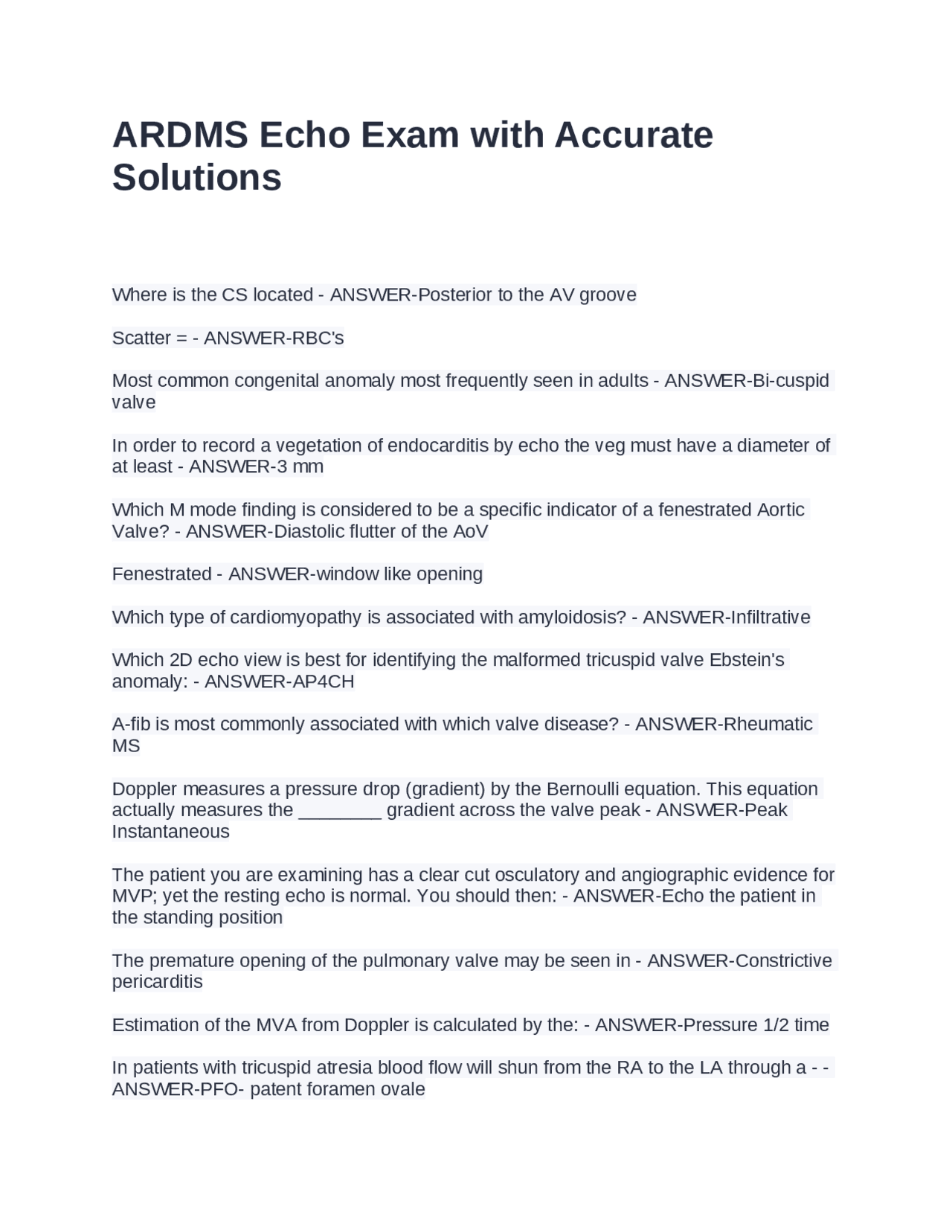 ARDMS Echo Exam with Accurate Solutions | Exams Advanced Education ...