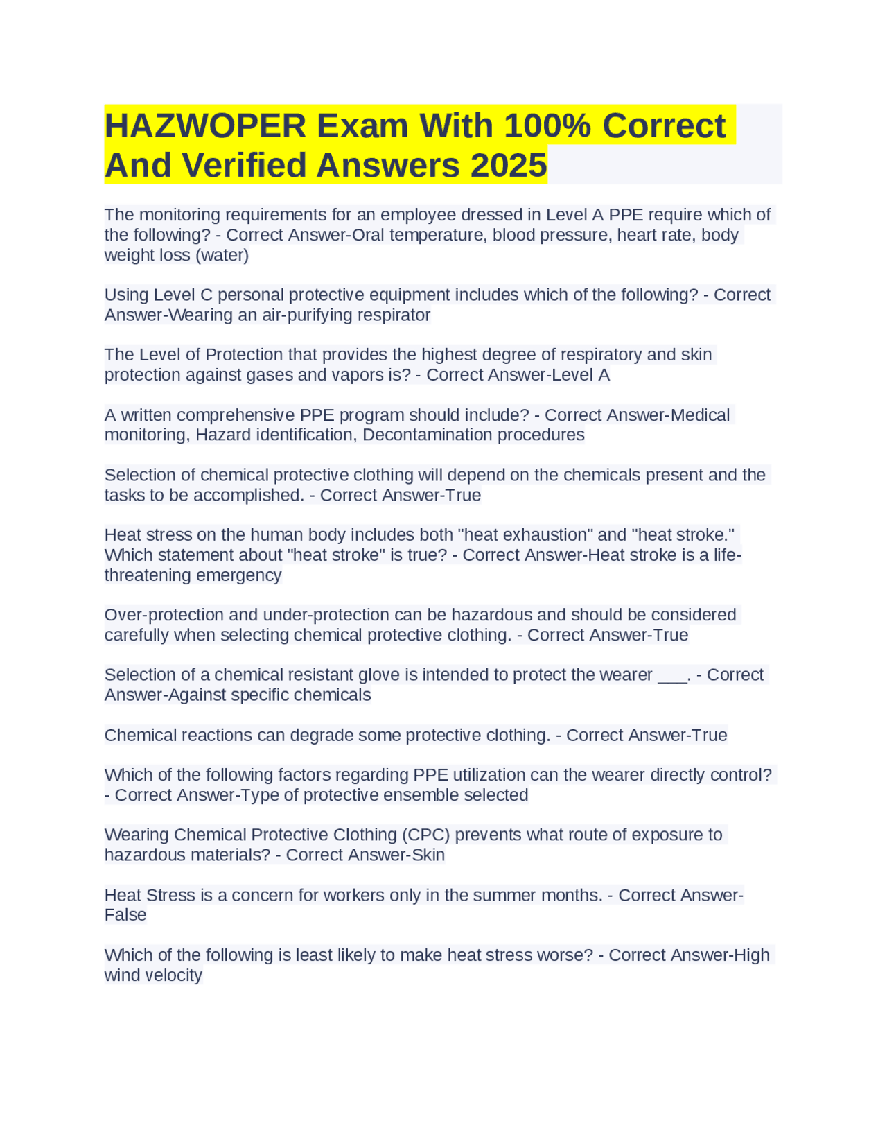 HAZWOPER Exam With 100% Correct And Verified Answers 2025 | Exams ...