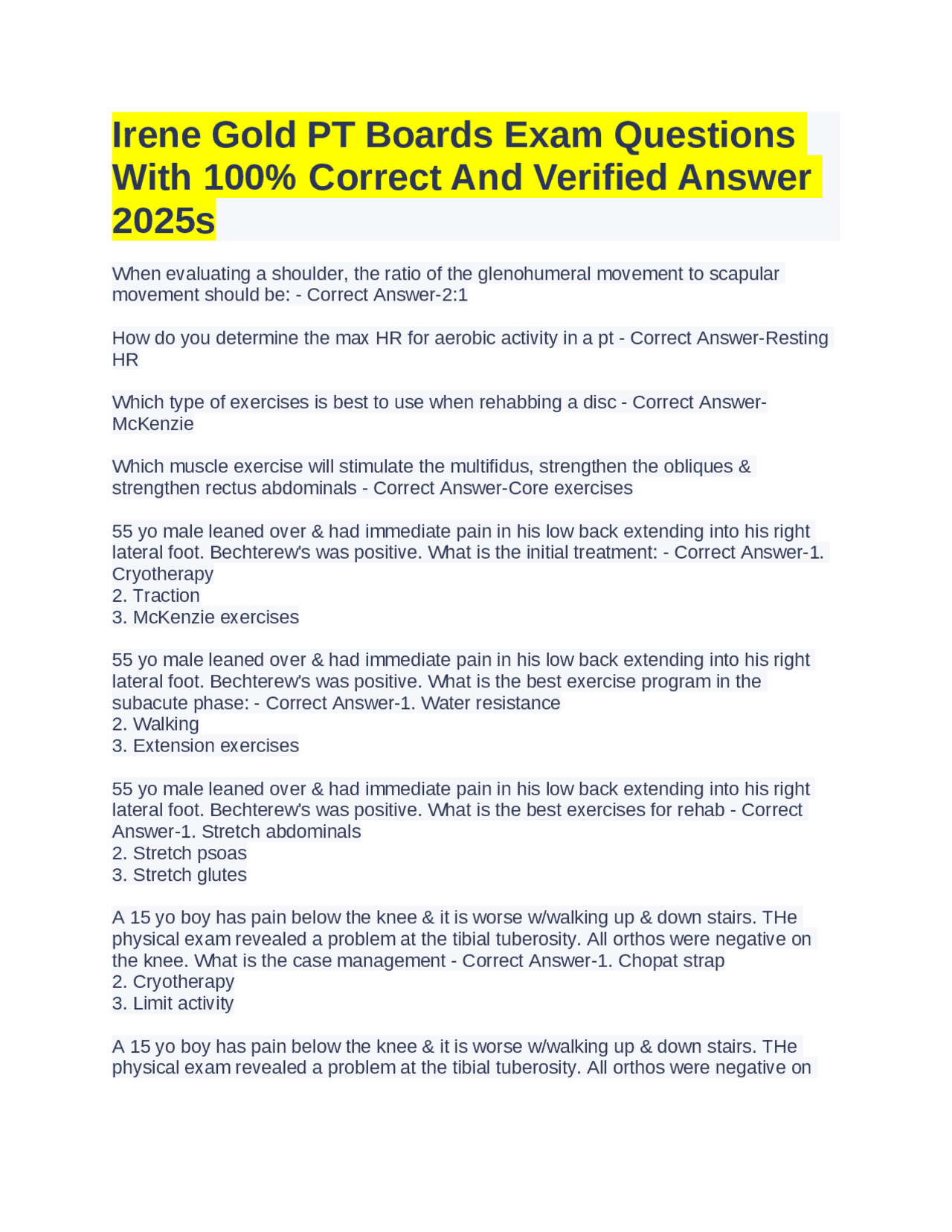 Irene Gold PT Boards Exam Questions With 100% Correct And Verified ...
