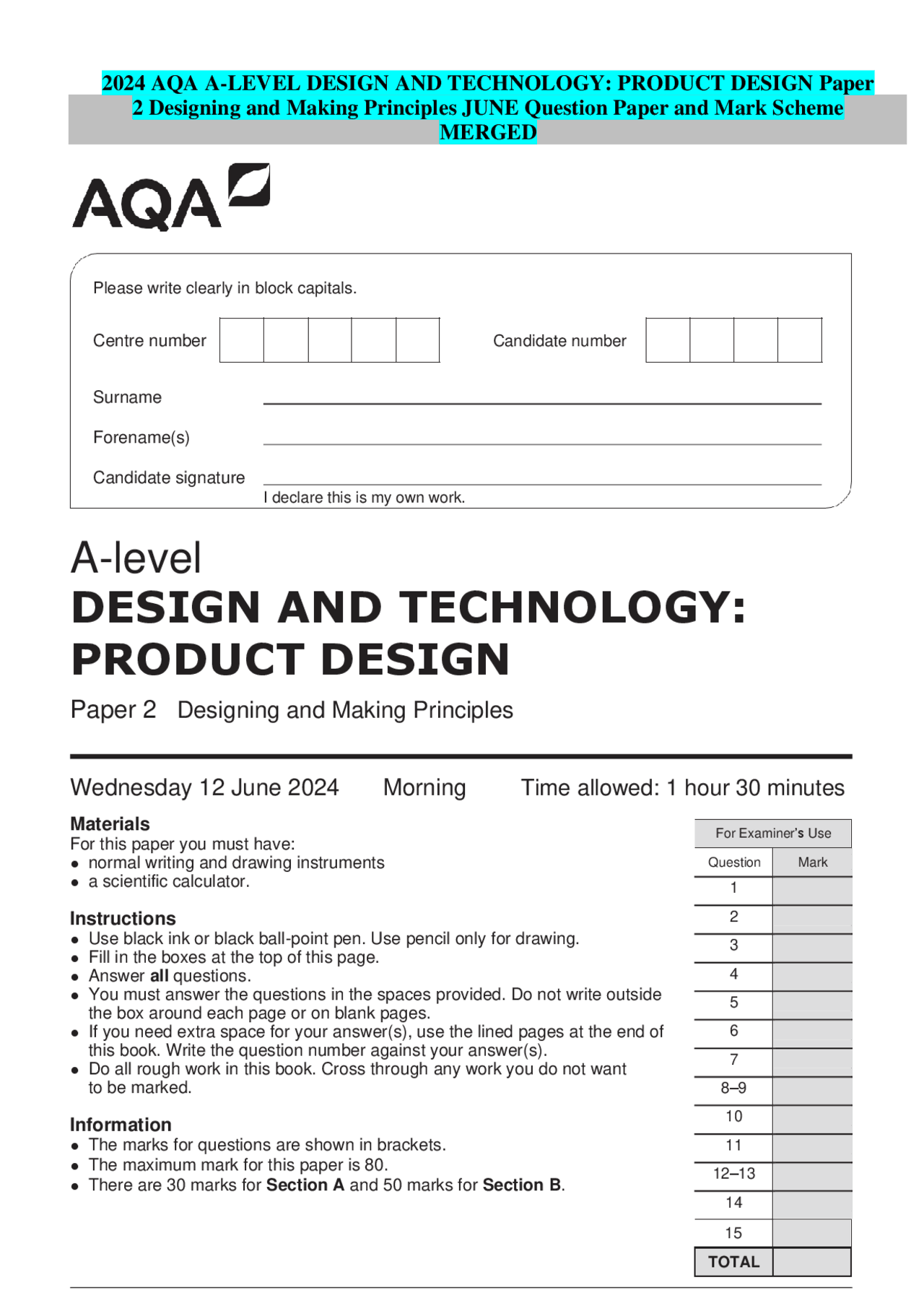 2024 AQA A-LEVEL DESIGN AND TECHNOLOGY: PRODUCT DESIGN Paper 2 Designing and Making Princi ...