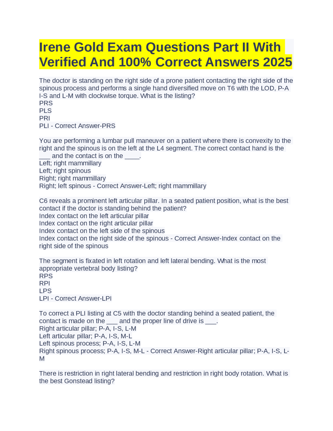 Irene Gold Exam Questions Part II With Verified And 100% Correct ...