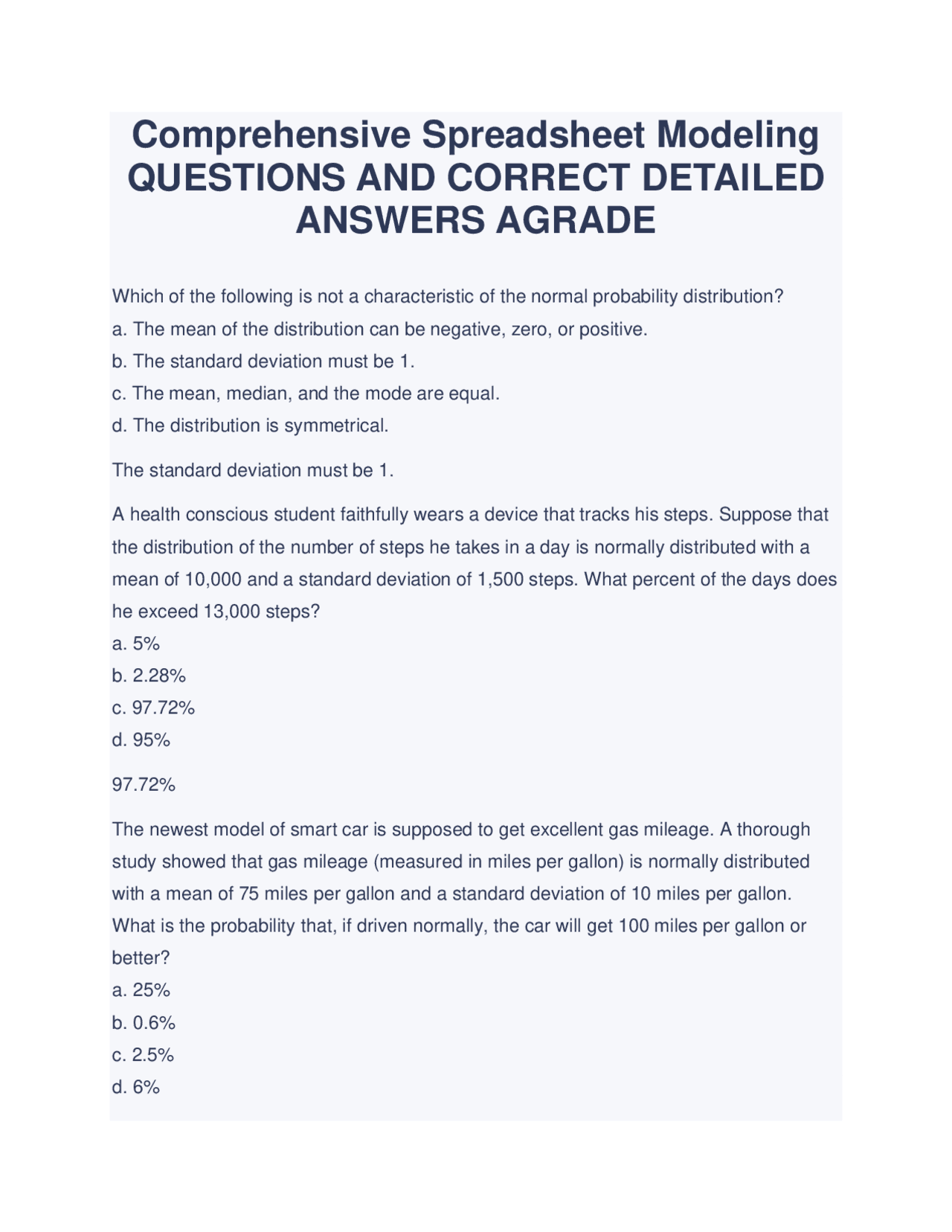 Comprehensive Spreadsheet Modeling QUESTIONS AND CORRECT DETAILED ANSWERS AGRADE.pdf | Exams ...