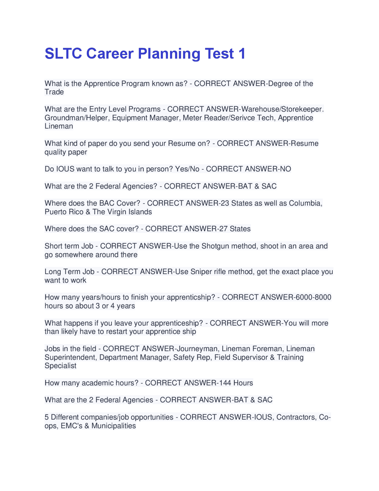 SLTC Career Planning Test 1 Questions and Answers 100% Solved correctly ...