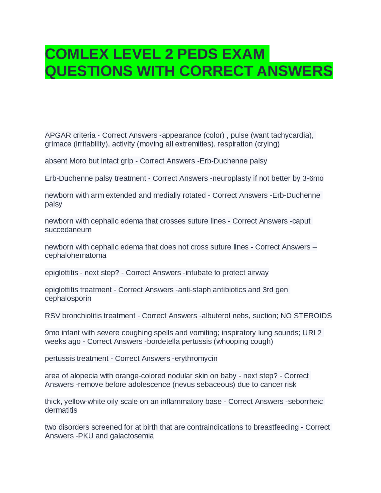 COMLEX LEVEL 2 PEDS EXAM QUESTIONS WITH CORRECT ANSWERS | Exams ...