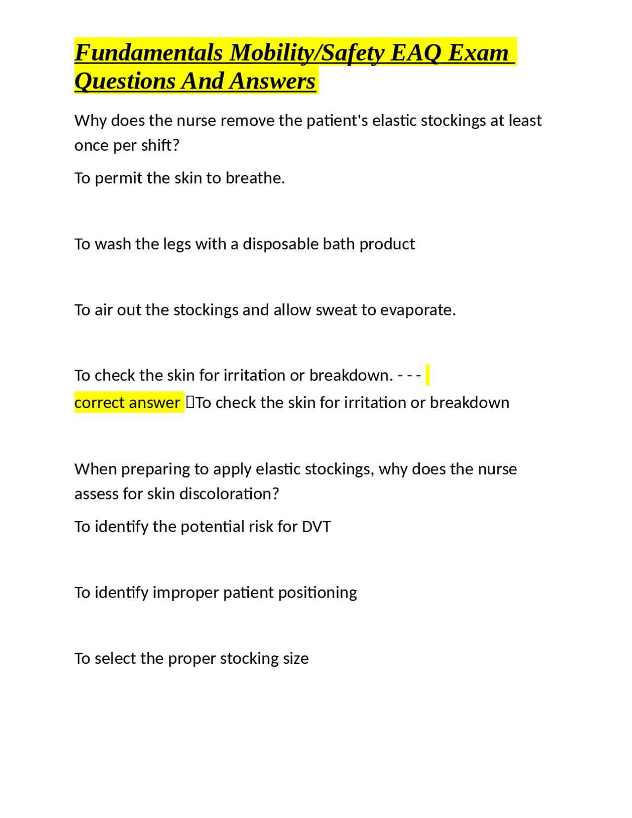 Fundamentals Mobility/Safety EAQ Exam Questions And Answers | Exams ...