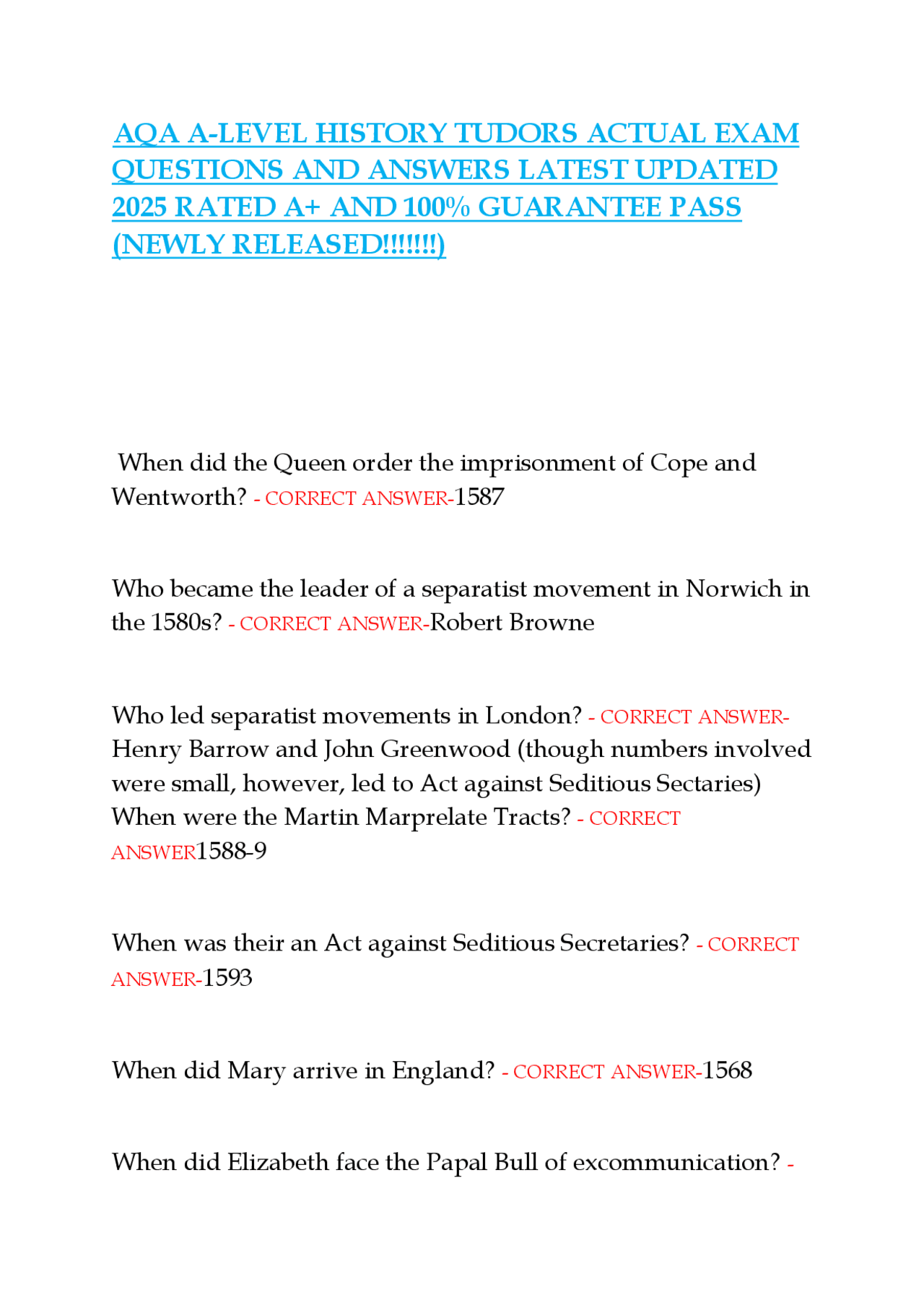 AQA A-LEVEL HISTORY TUDORS ACTUAL EXAM QUESTIONS AND ANSWERS LATEST ...