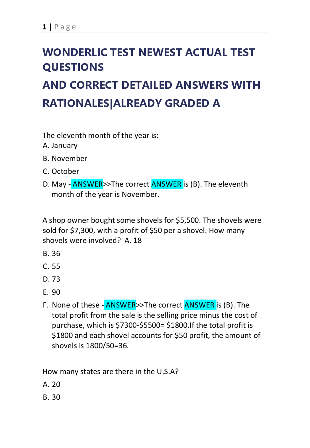 WONDERLIC TEST NEWEST ACTUAL TEST QUESTIONS AND CORRECT DETAILED ...