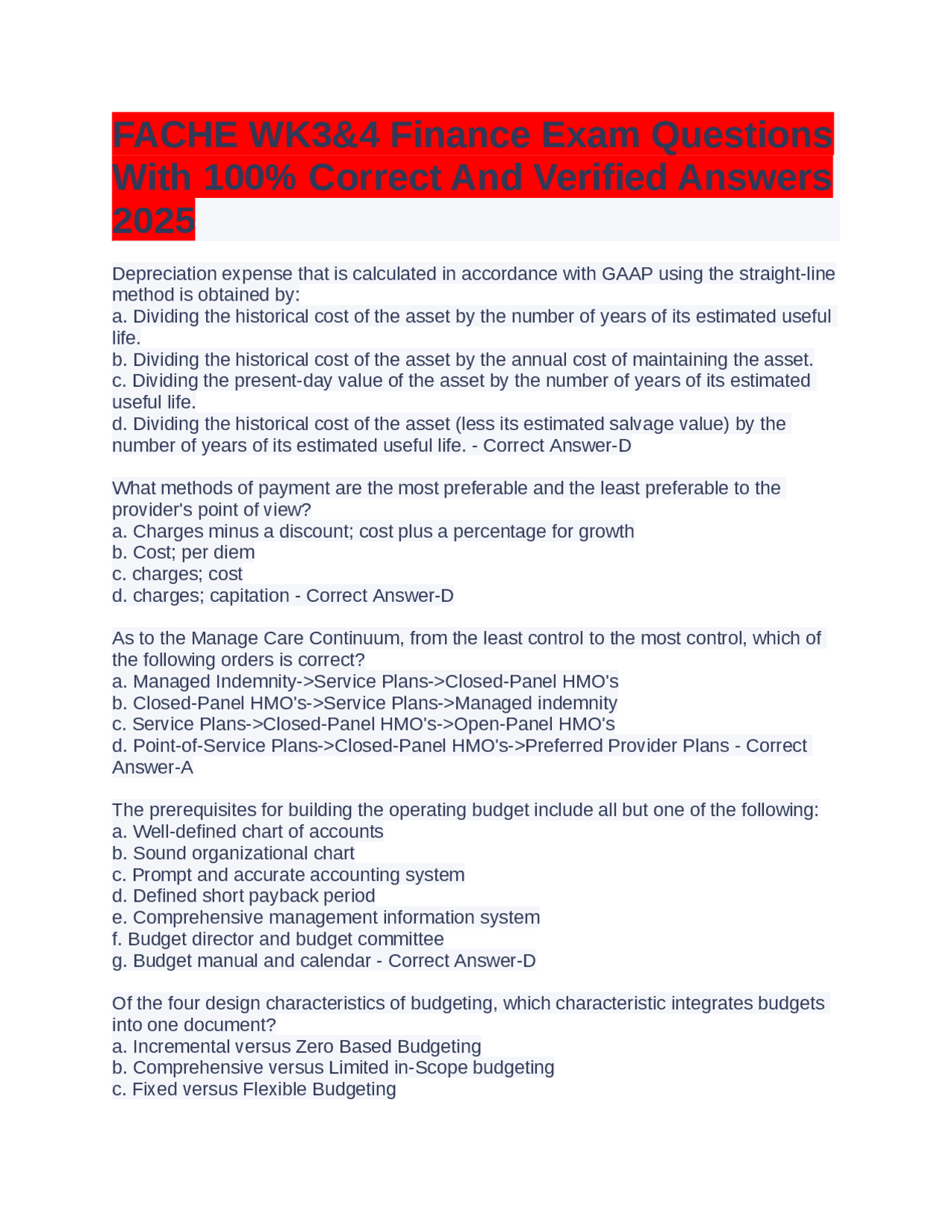 FACHE WK3&4 Finance Exam Questions With 100% Correct And Verified ...