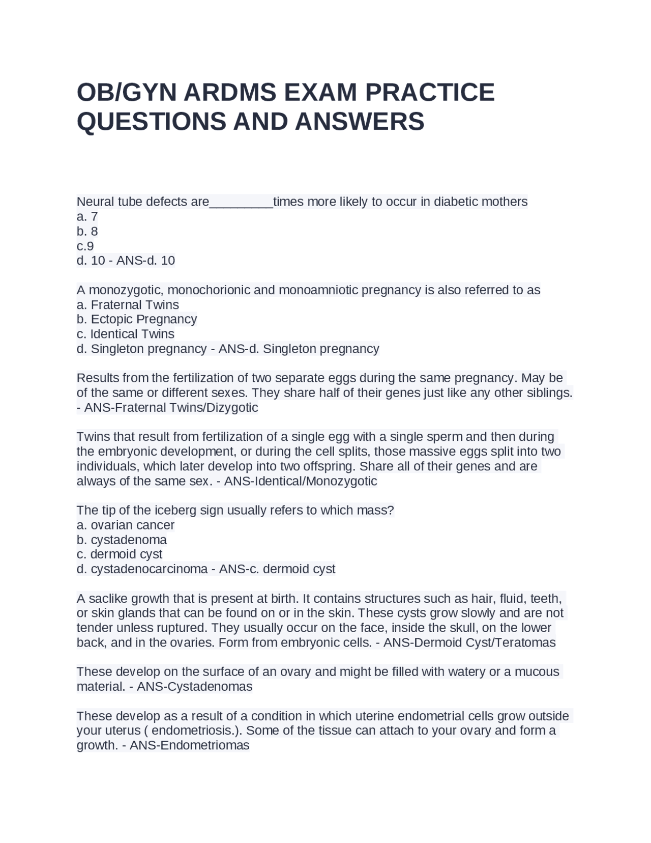 OBGYN ARDMS EXAM PRACTICE QUESTIONS AND ANSWERS | Exams Advanced ...