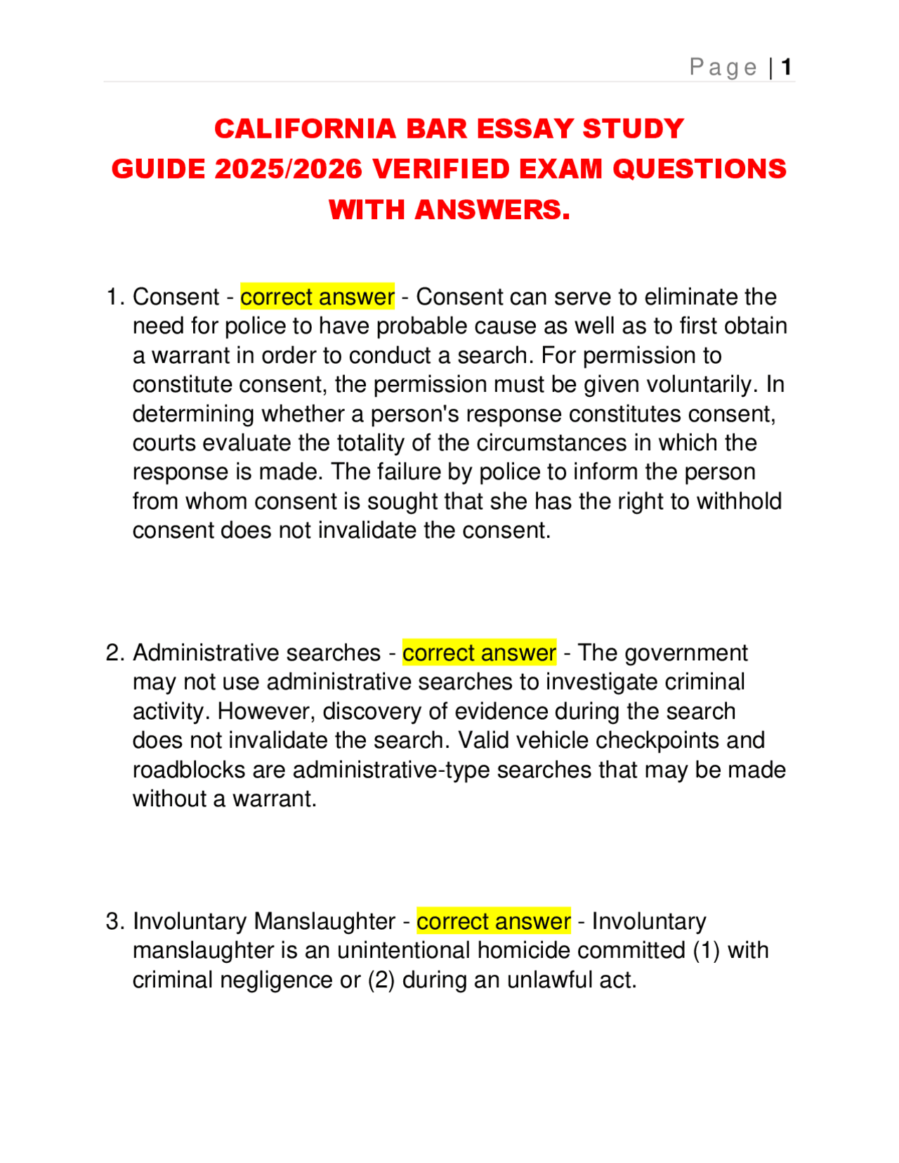 CALIFORNIA BAR ESSAY STUDY GUIDE 2025/2026 VERIFIED EXAM QUESTIONS WITH ...