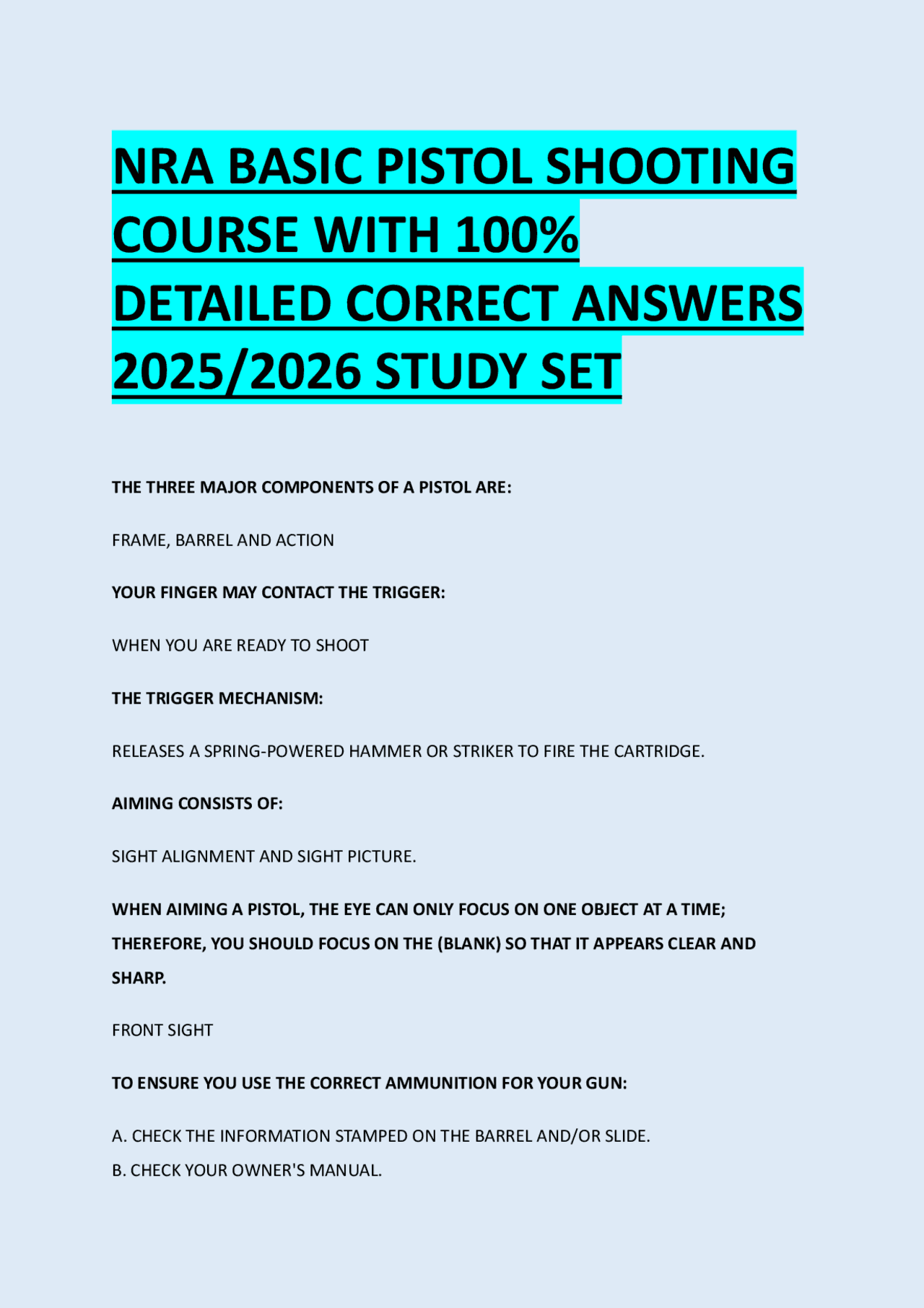 NRA BASIC PISTOL SHOOTING COURSE WITH 100% DETAILED CORRECT ANSWERS ...