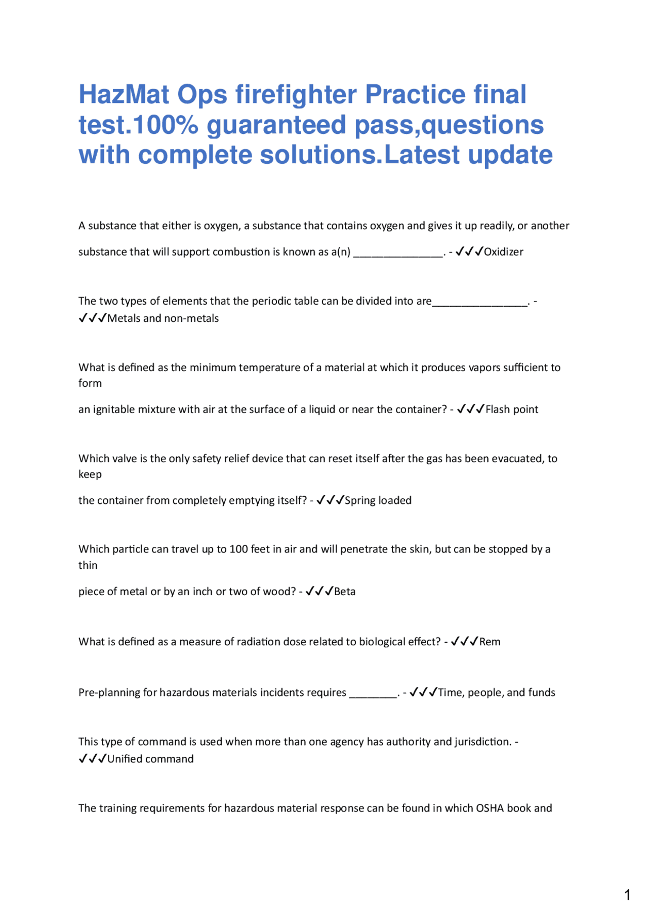 HazMat Ops firefighter Practice final test.100% guaranteed pass ...