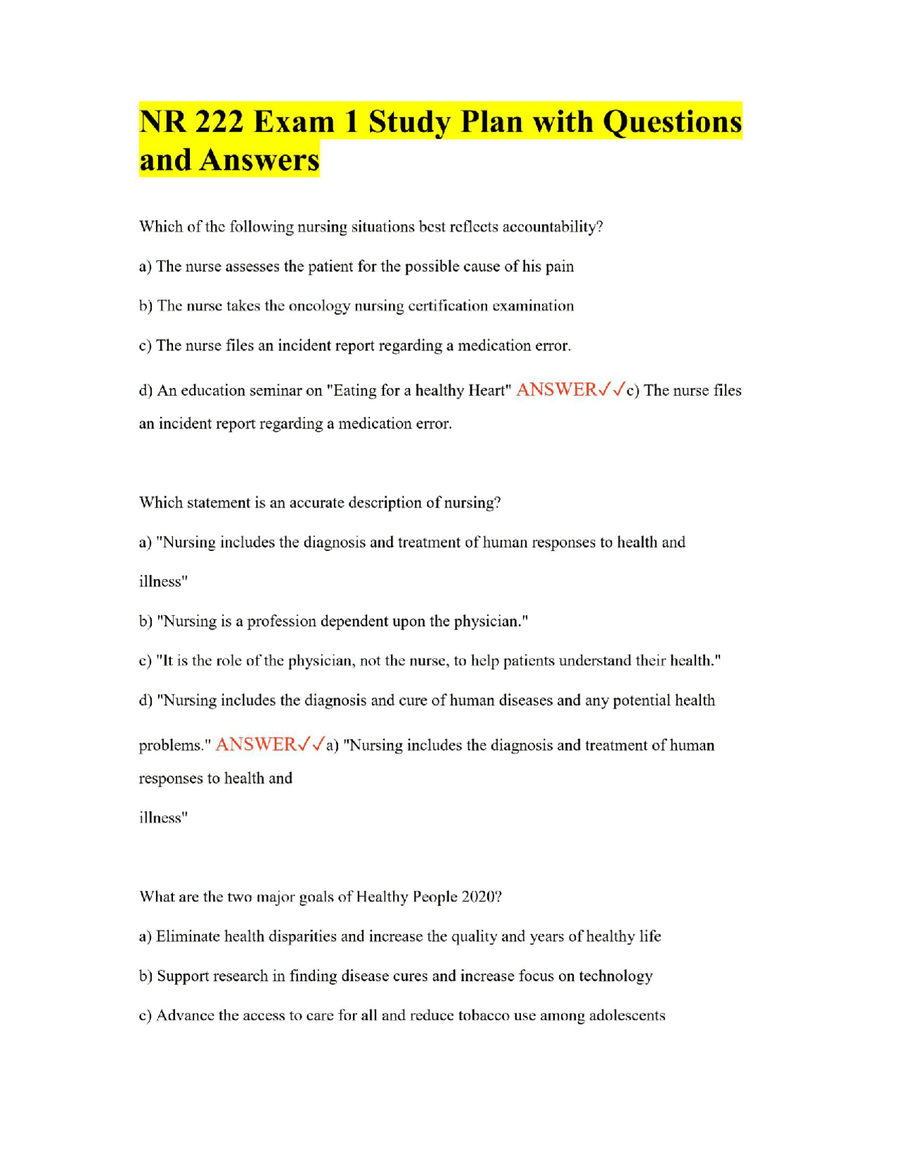 NR 222 Exam 1 Study Plan with Questions and Answers | Exams Nursing ...