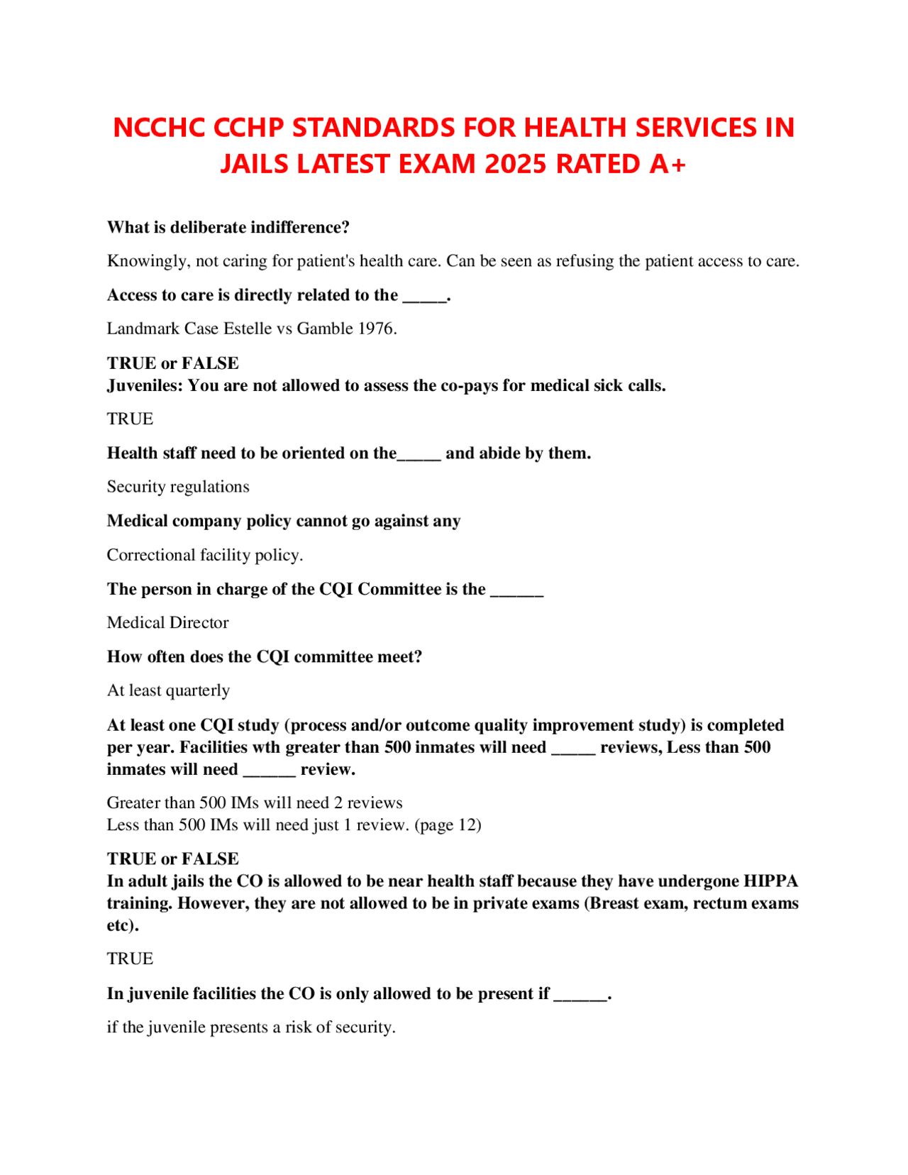 NCCHC CCHP STANDARDS FOR HEALTH SERVICES IN JAILS LATEST EXAM 2025 ...