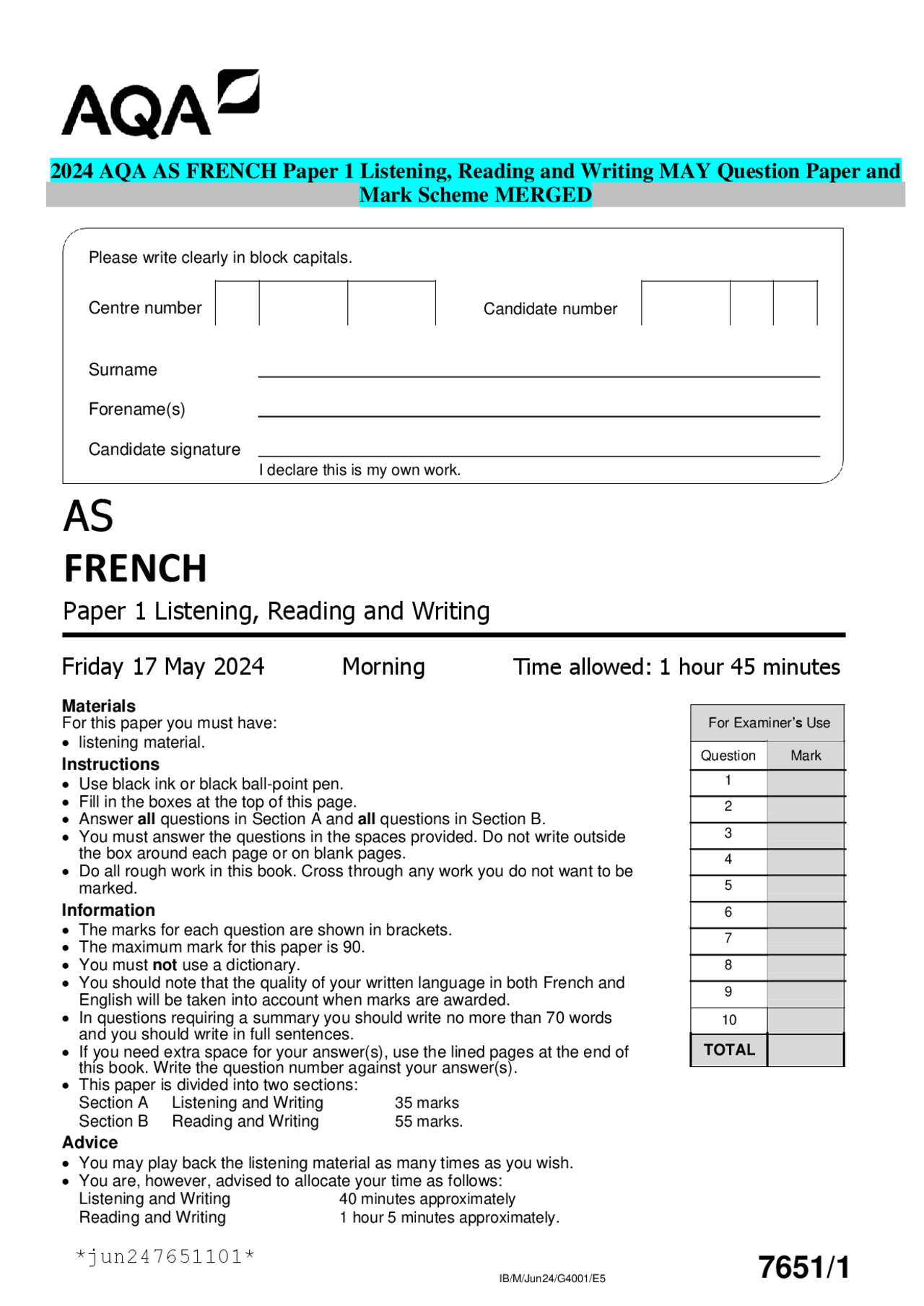 2024 AQA AS FRENCH Paper 1 Listening, Reading and Writing MAY Question ...