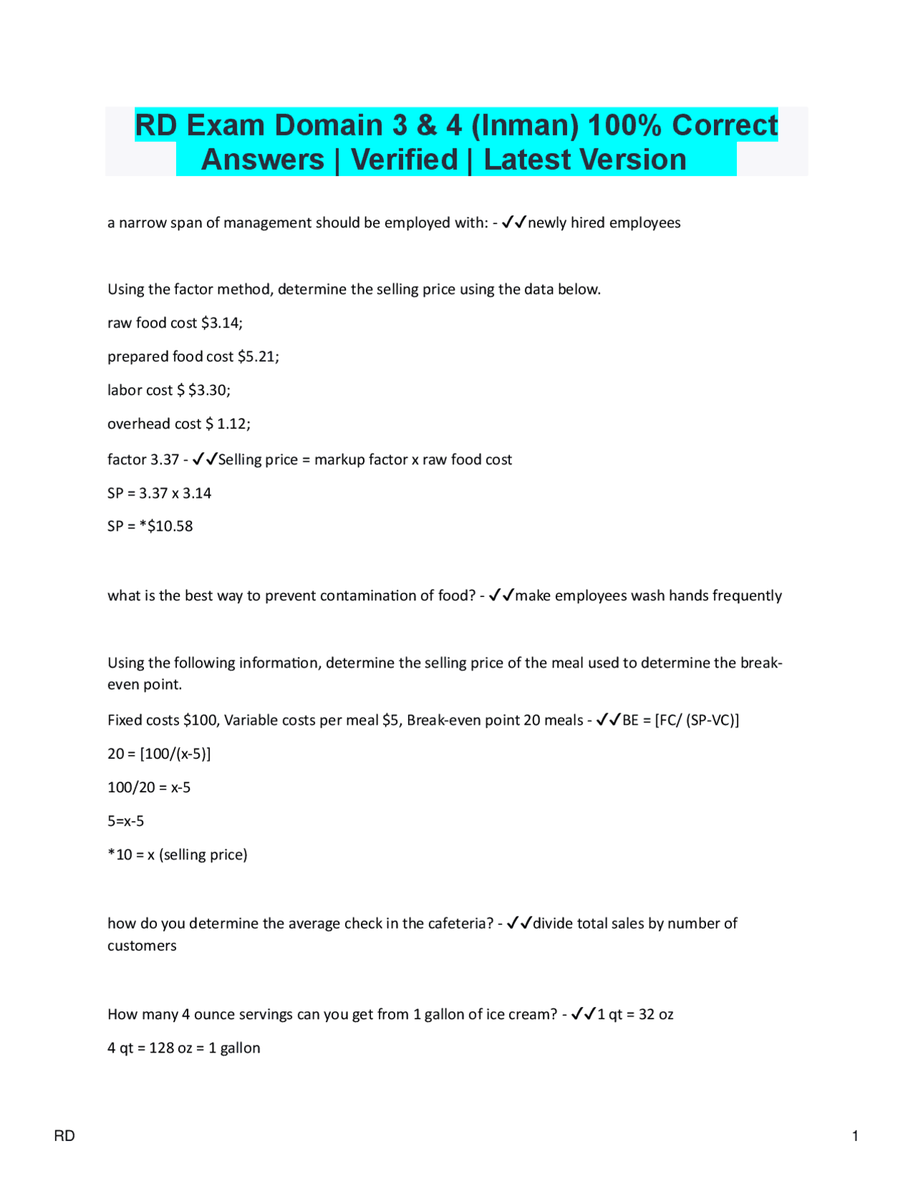 RD Exam Domain 3 & 4 (Inman) Verified 100% Correct | Updated for 2025/ ...