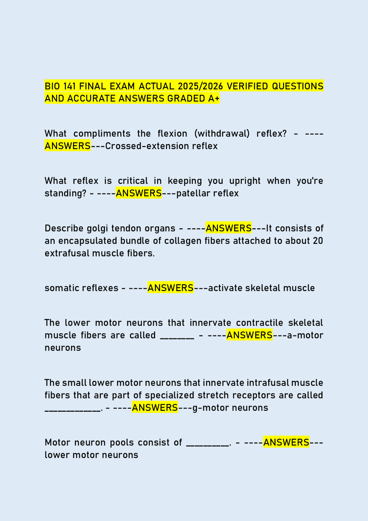 BIO 141 FINAL EXAM ACTUAL 2025/2026 VERIFIED QUESTIONS AND ACCURATE ...