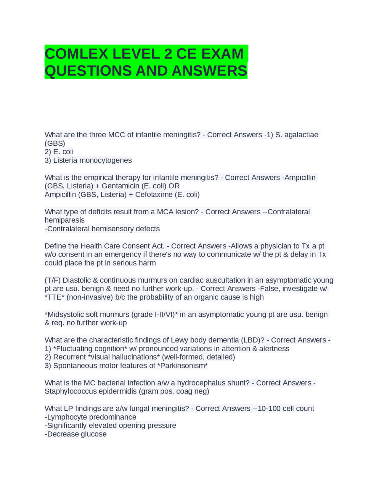 COMLEX LEVEL 2 CE EXAM QUESTIONS AND ANSWERS | Exams Advanced Education ...