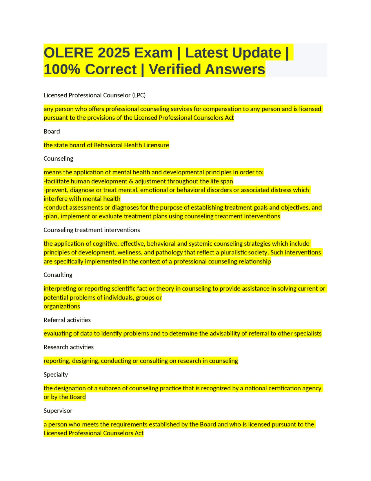 OLERE 2025 Exam | Latest Update | 100% Correct | Verified Answers ...