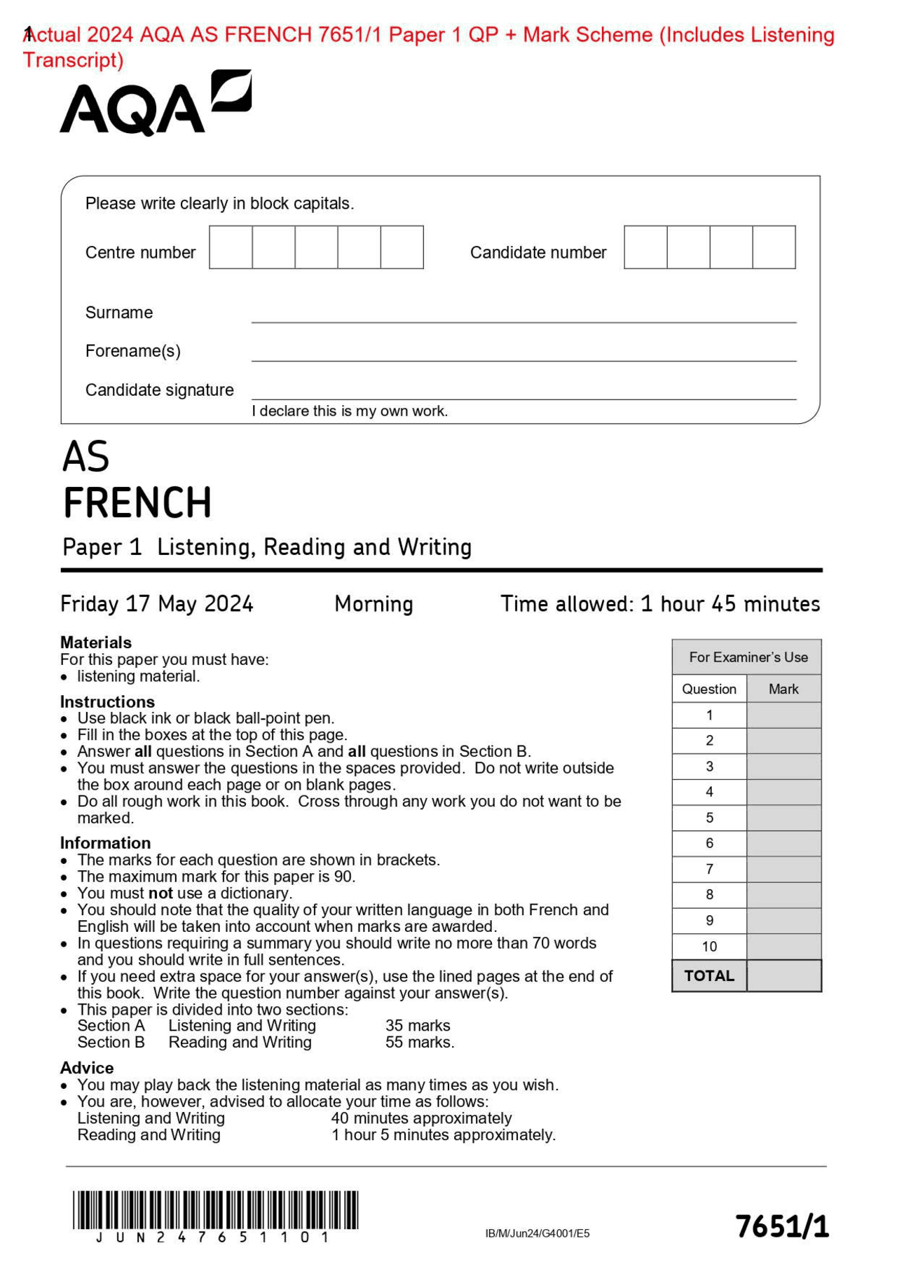 Actual 2024 AQA AS FRENCH 7651/1 Paper 1 QP + Mark Scheme (Includes ...
