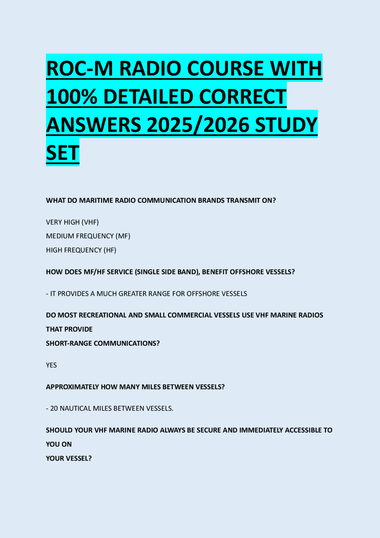 ROC-M RADIO COURSE WITH 100% DETAILED CORRECT ANSWERS 2025/2026 STUDY ...