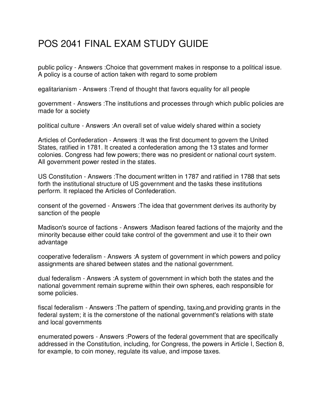 POS 2041 FINAL EXAM STUDY GUIDE | Exams Social Sciences | Docsity