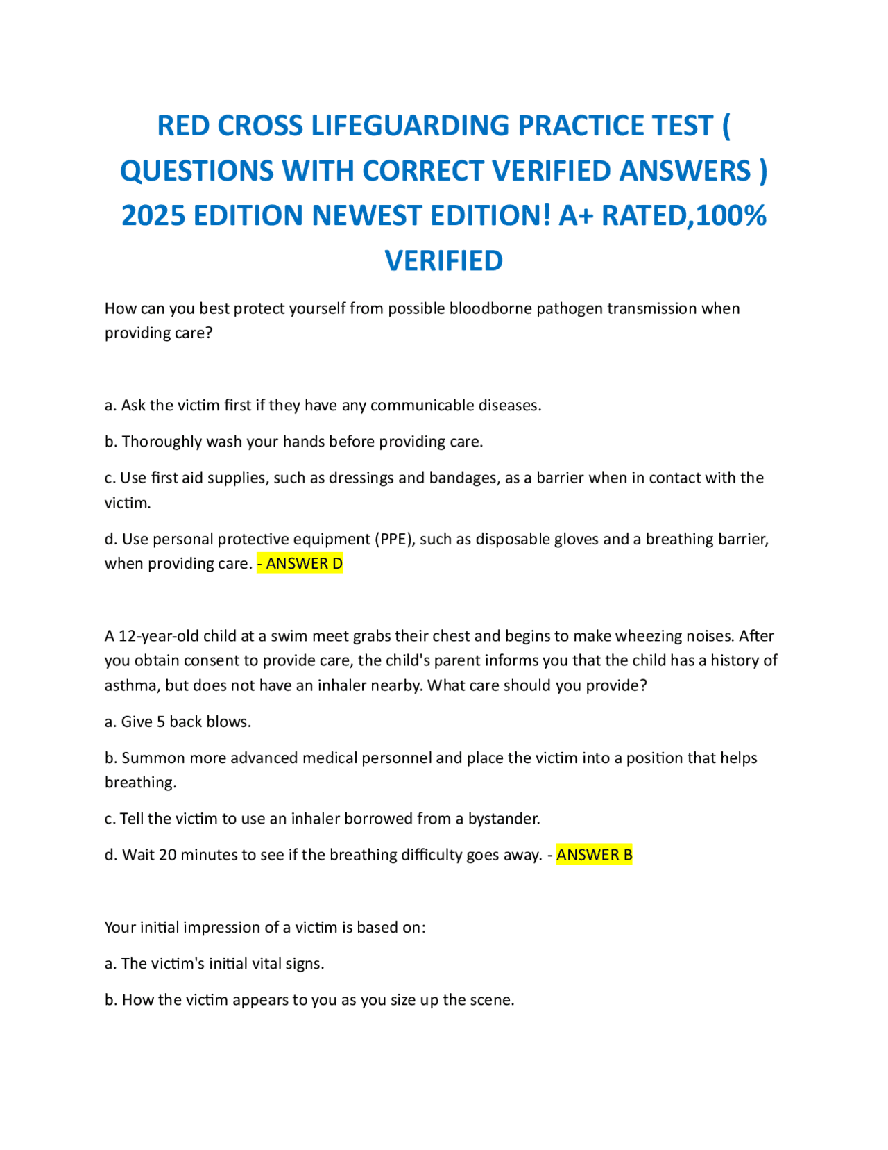 RED CROSS LIFEGUARDING PRACTICE TEST ( QUESTIONS WITH CORRECT VERIFIED ...