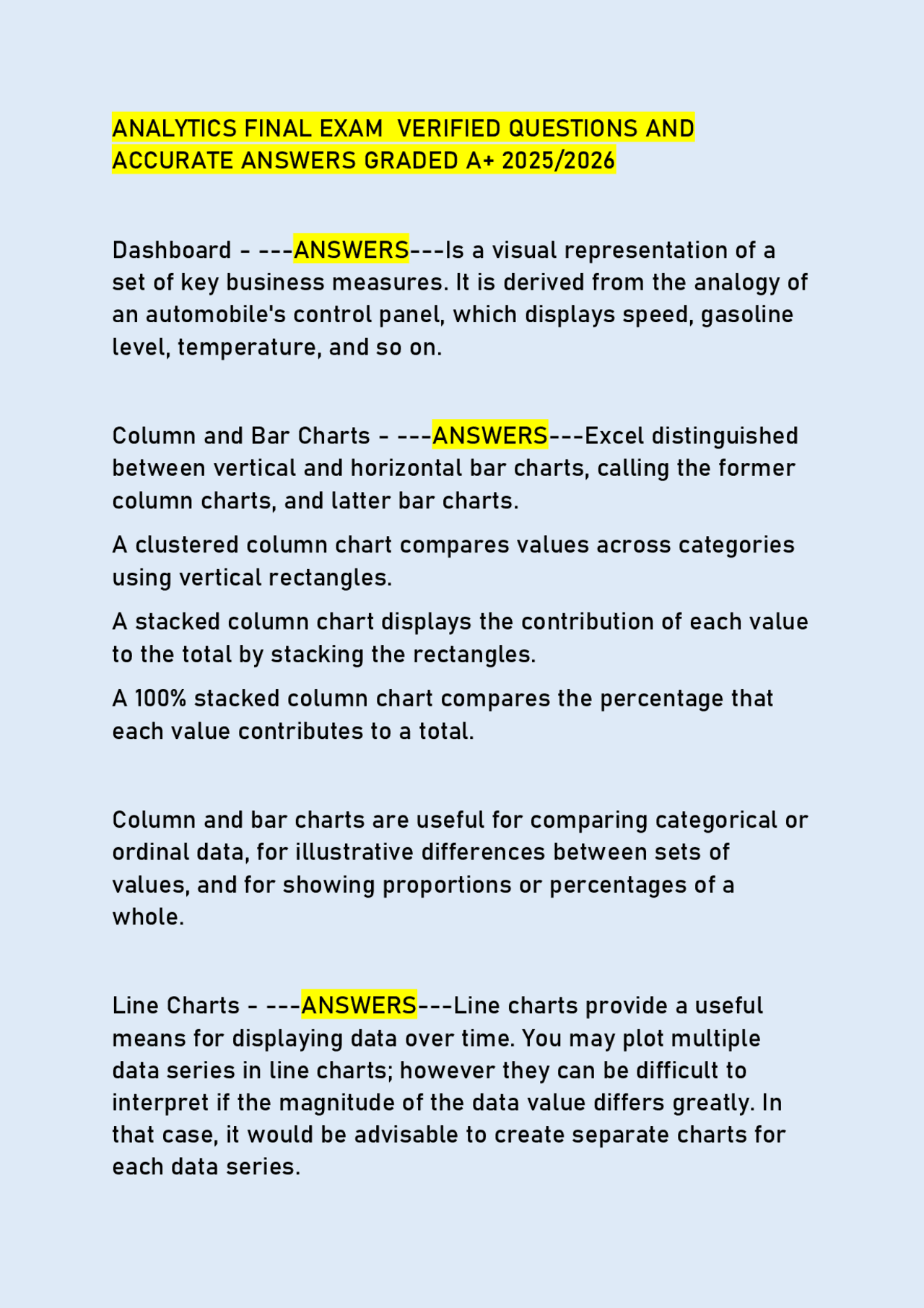 ANALYTICS FINAL EXAM VERIFIED QUESTIONS AND ACCURATE ANSWERS GRADED A+ ...