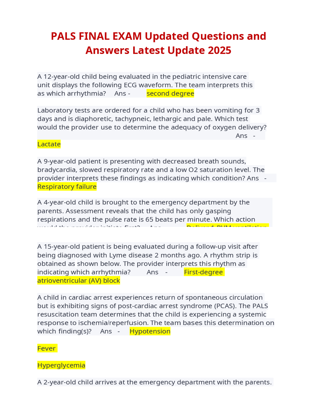 PALS Final Exam: Updated Questions and Answers (2025) | Exams Nursing ...