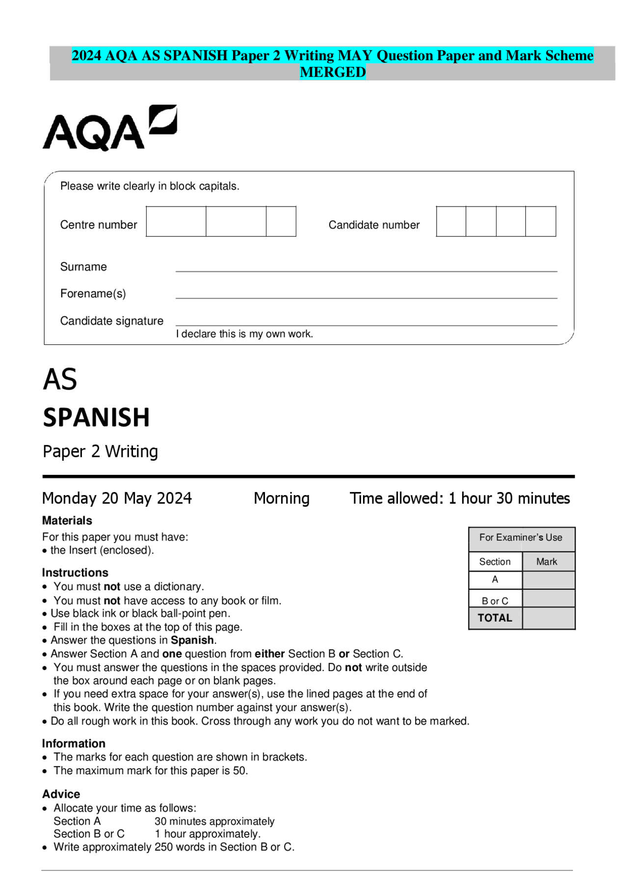 2024 AQA AS SPANISH Paper 2 Writing MAY Question Paper and Mark Scheme ...