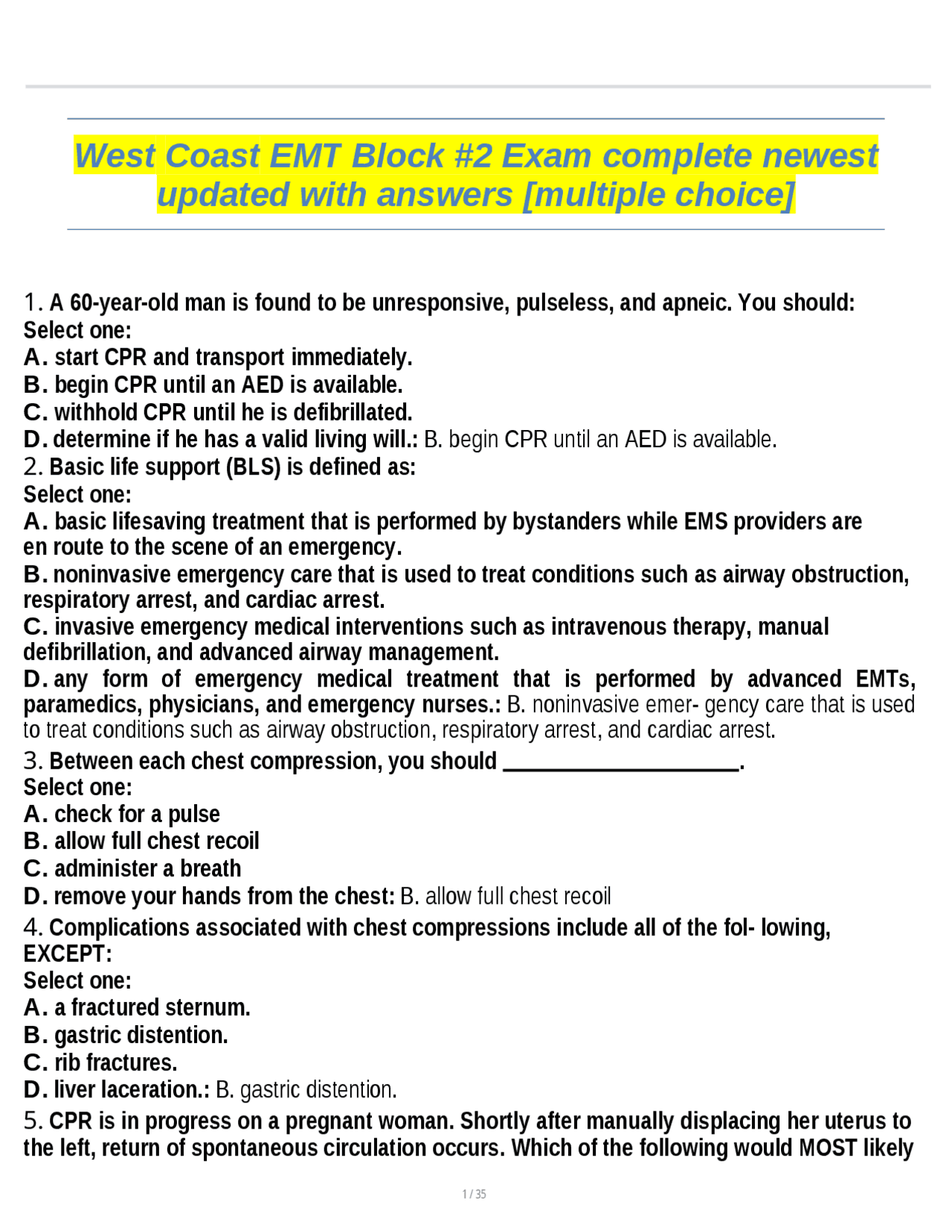 West Coast EMT Block #2 Exam complete newest updated with answers [multiple choice] | Exams ...