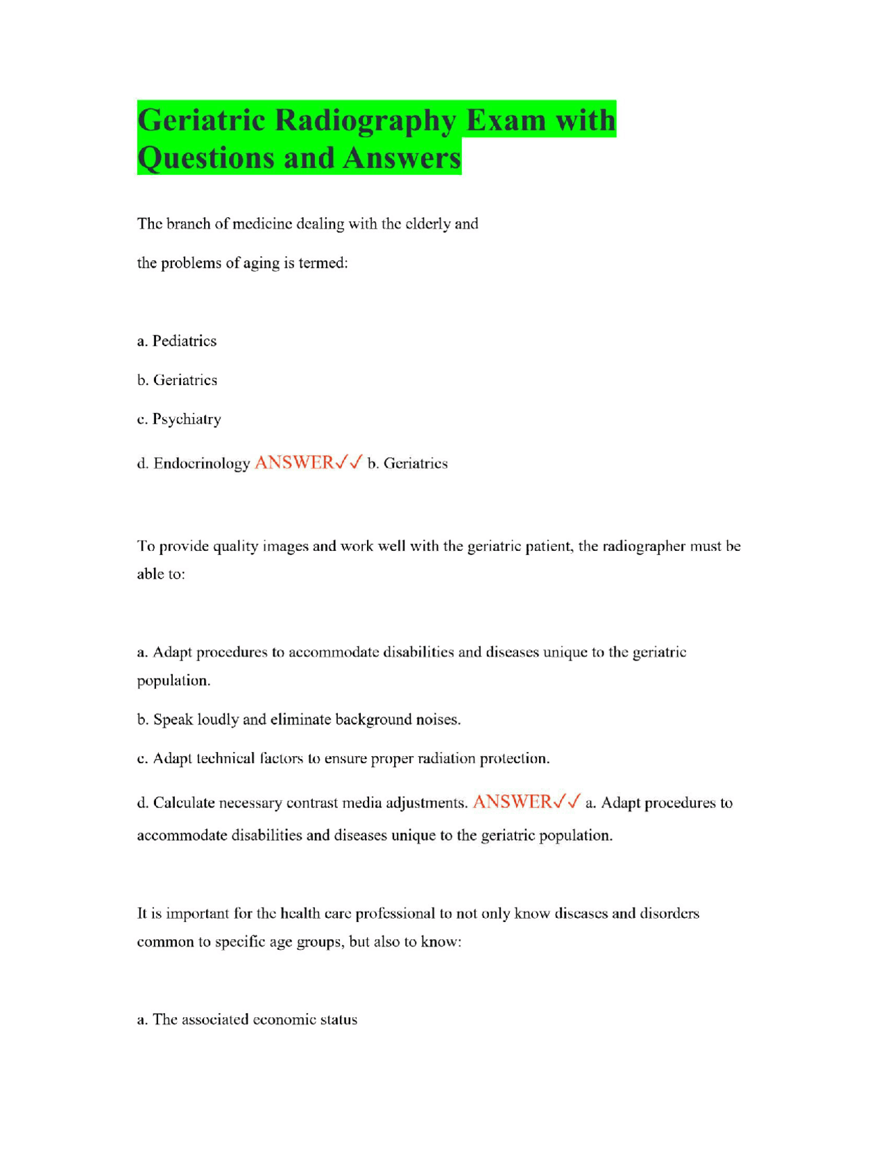 Geriatric Radiography Exam with Questions and Answers | Exams Nursing ...