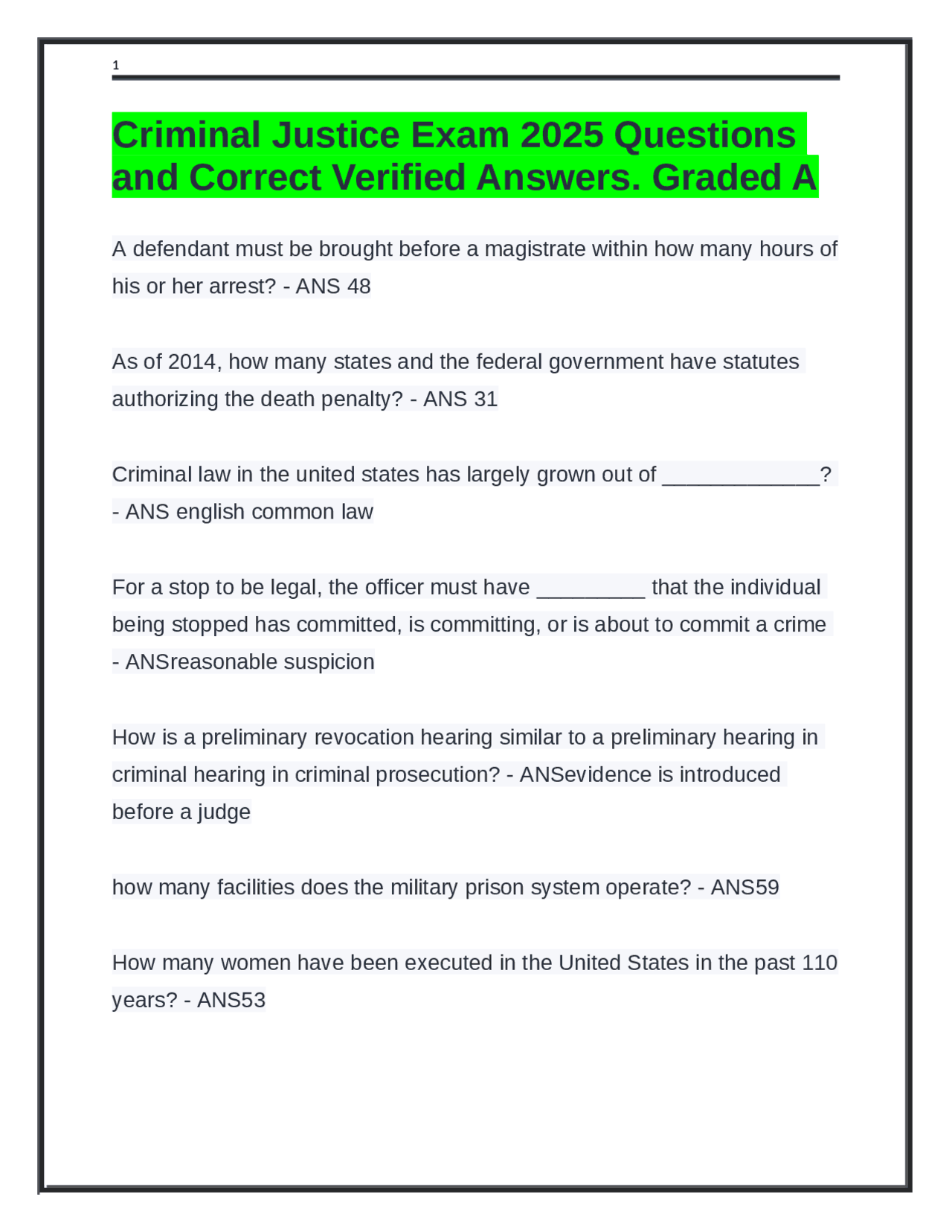 Criminal Justice Exam Prep: Questions and Answers 2025 | Exams Criminal ...