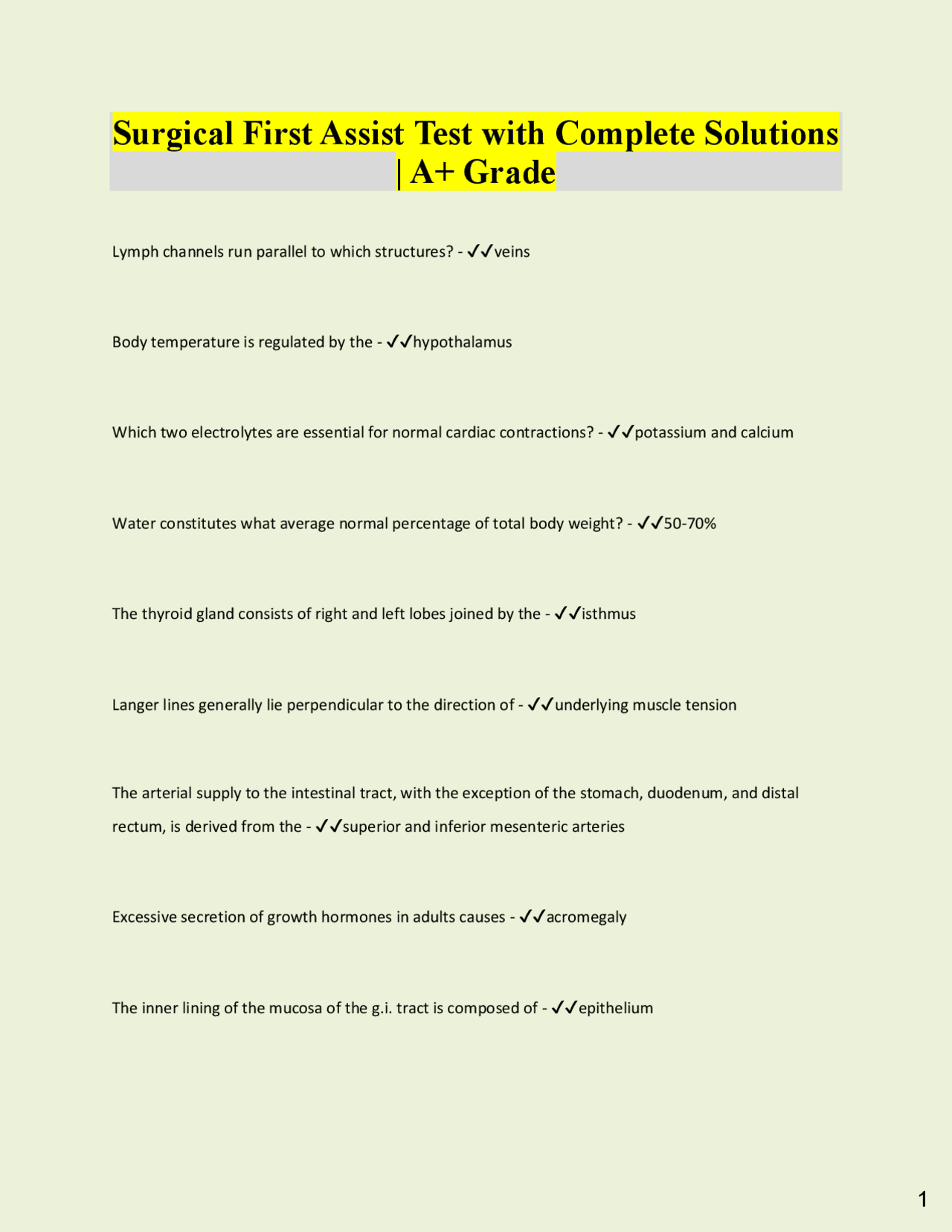 Surgical First Assist Test with Complete Solutions | A+ Grade Lymph ...