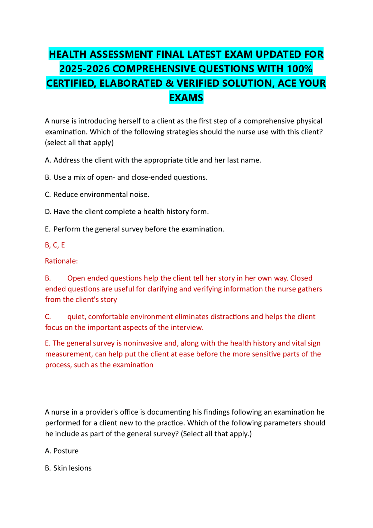 HEALTH ASSESSMENT FINAL LATEST EXAM UPDATED FOR 2025-2026 COMPREHENSIVE ...