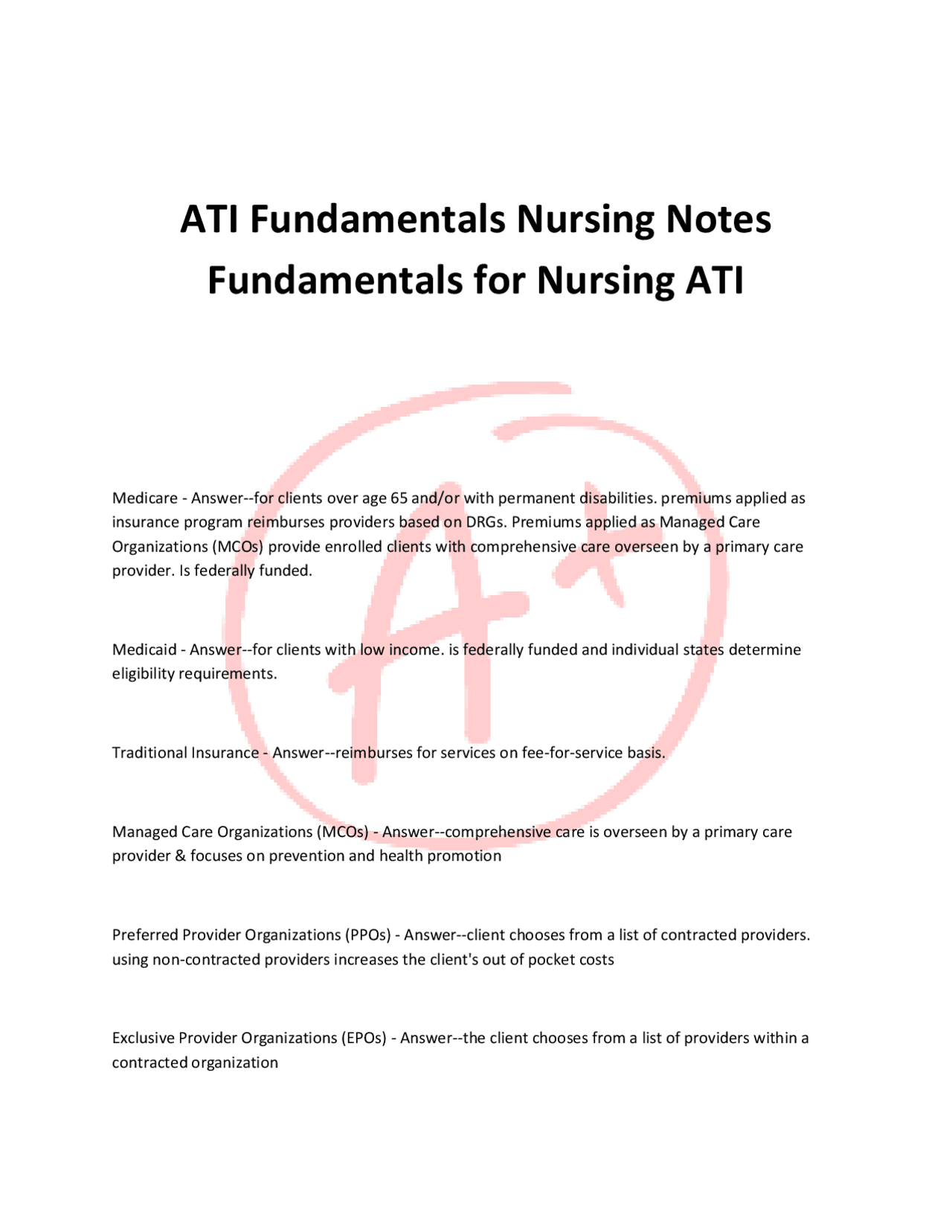 ATI Fundamentals Nursing Notes Fundamentals for Nursing ATI | Exams ...