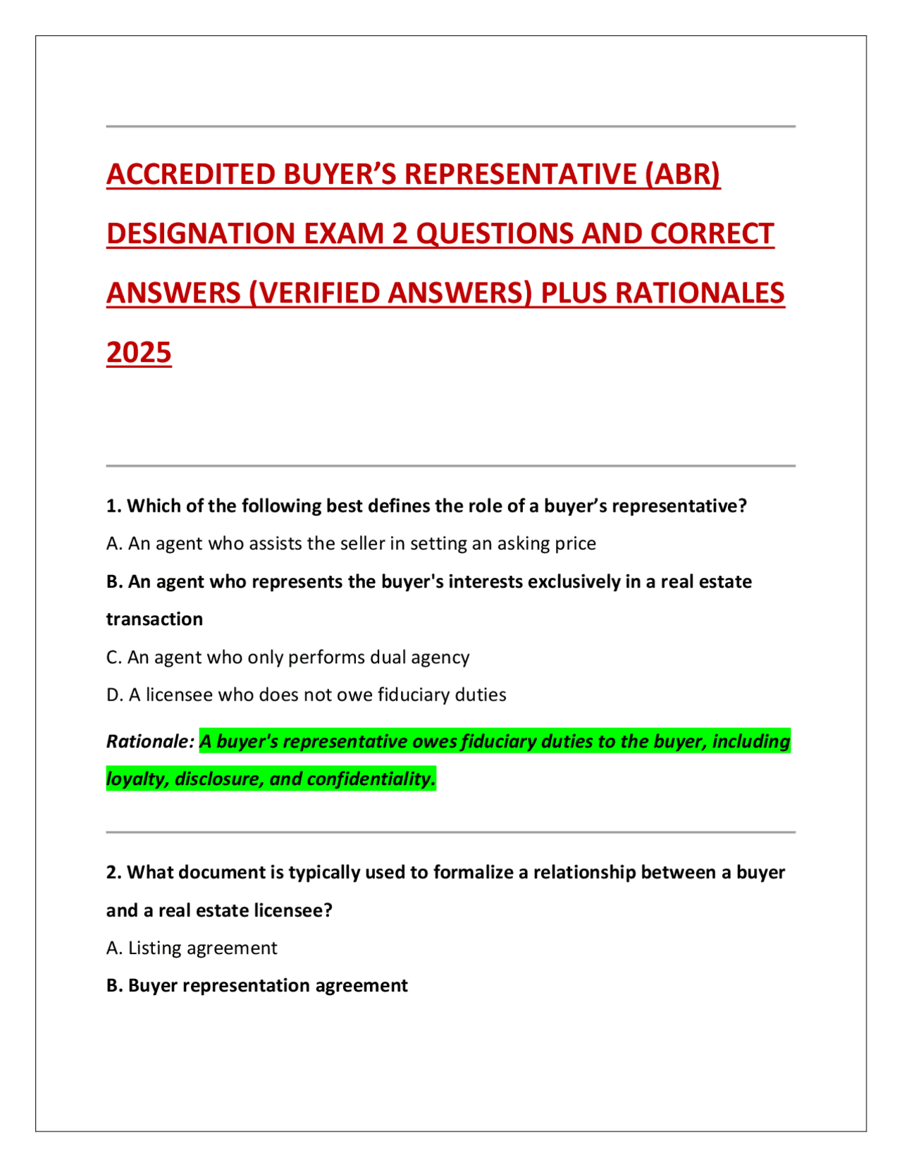 ACCREDITED BUYER’S REPRESENTATIVE (ABR) DESIGNATION EXAM 2 QUESTIONS ...