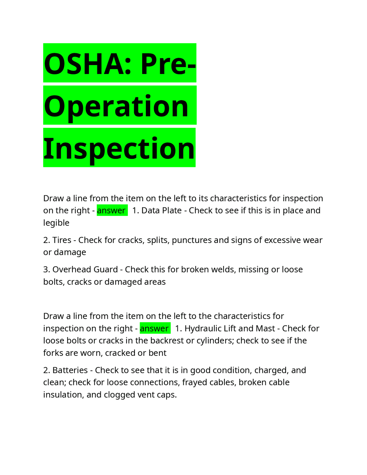OSHA Pre-Operation Inspection with 100% correct answers | Exams Biology ...