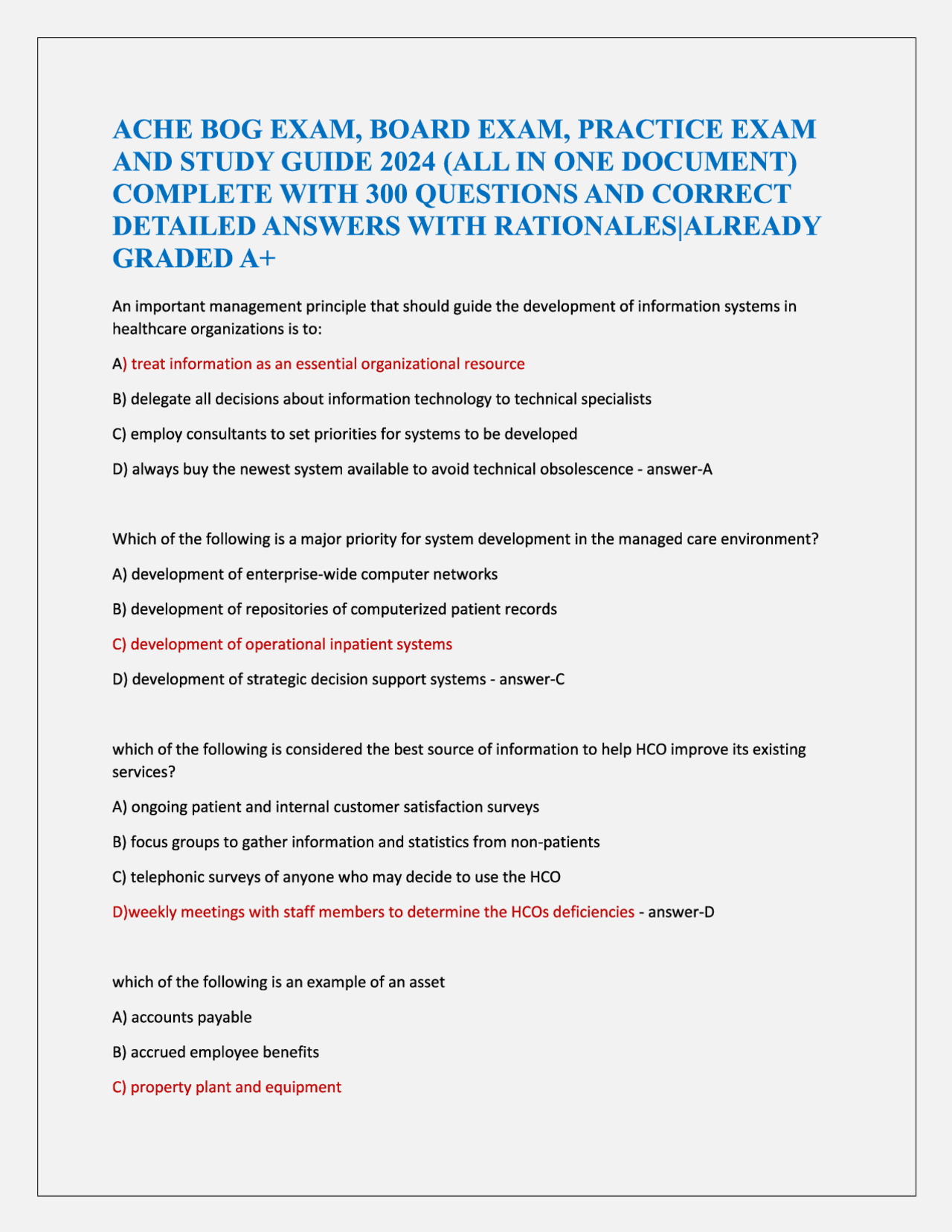 ACHE BOG SAMPLE TEST QUESTIONS WITH CORRECT ANSWERS GRADED A+ LATEST ...