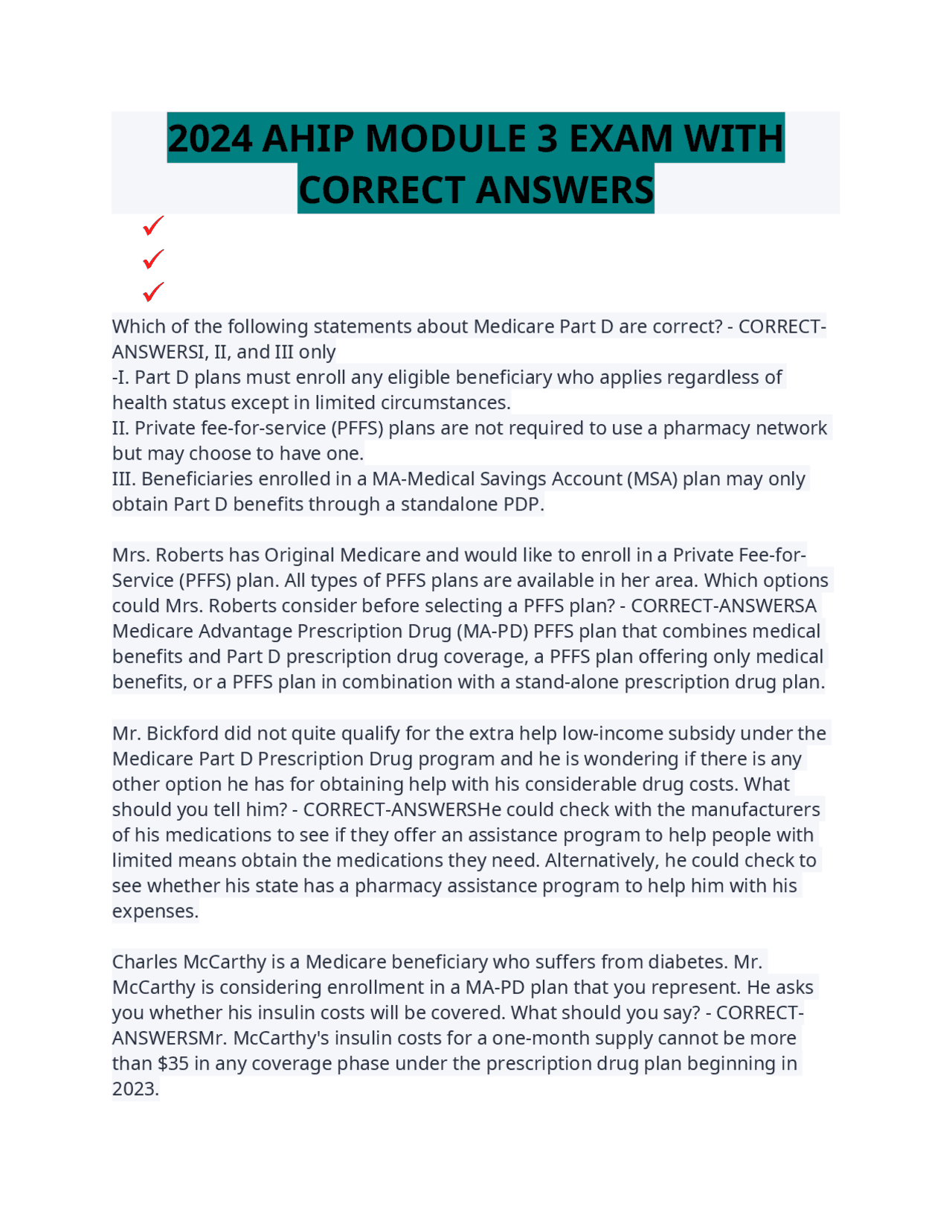 2024 AHIP MODULE 3 EXAM WITH CORRECT ANSWERS | Exams Nursing | Docsity