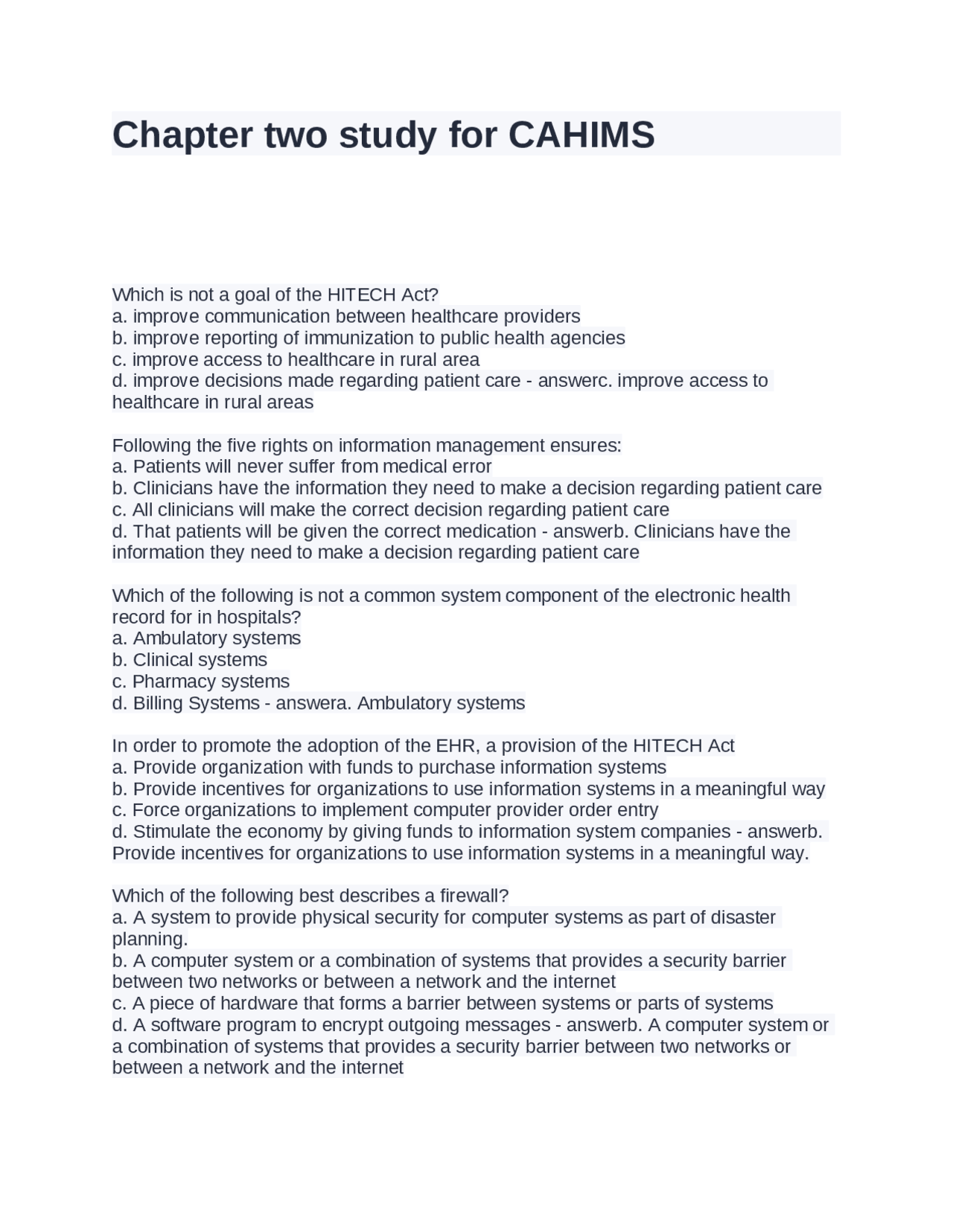 Chapter two study for CAHIMS Questions and Answers 100% Solved | Exams ...