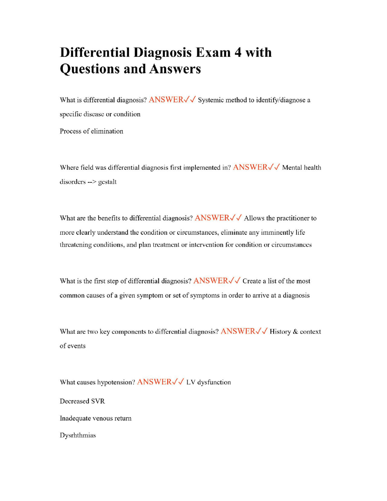Differential Diagnosis Exam 4 with Questions and Answers | Exams ...