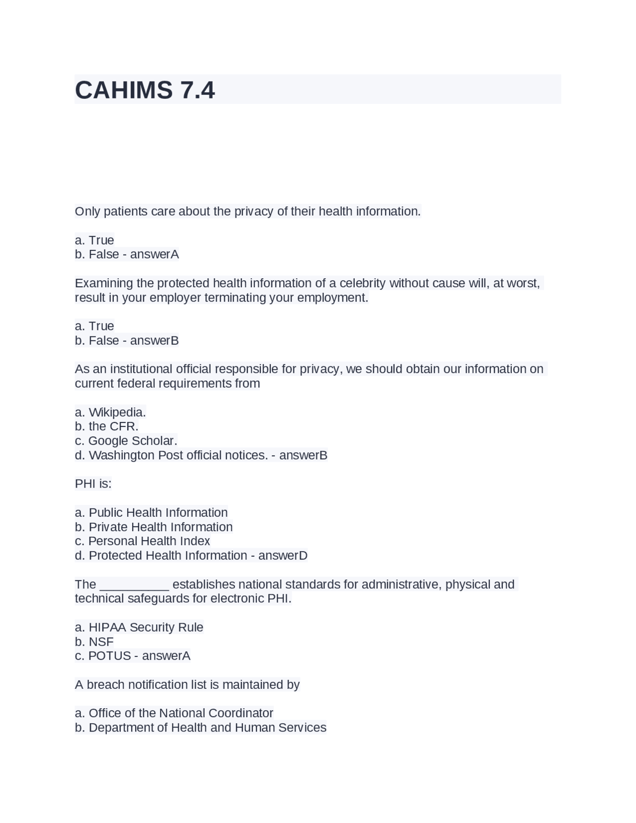 CAHIMS 7.4. QUESTIONS WITH ACCURATE ANSWERS | Exams Advanced Education ...
