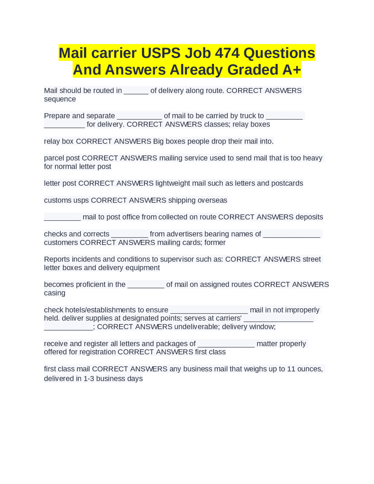 Mail carrier USPS Job 474 Questions And Answers Already Graded A+ ...