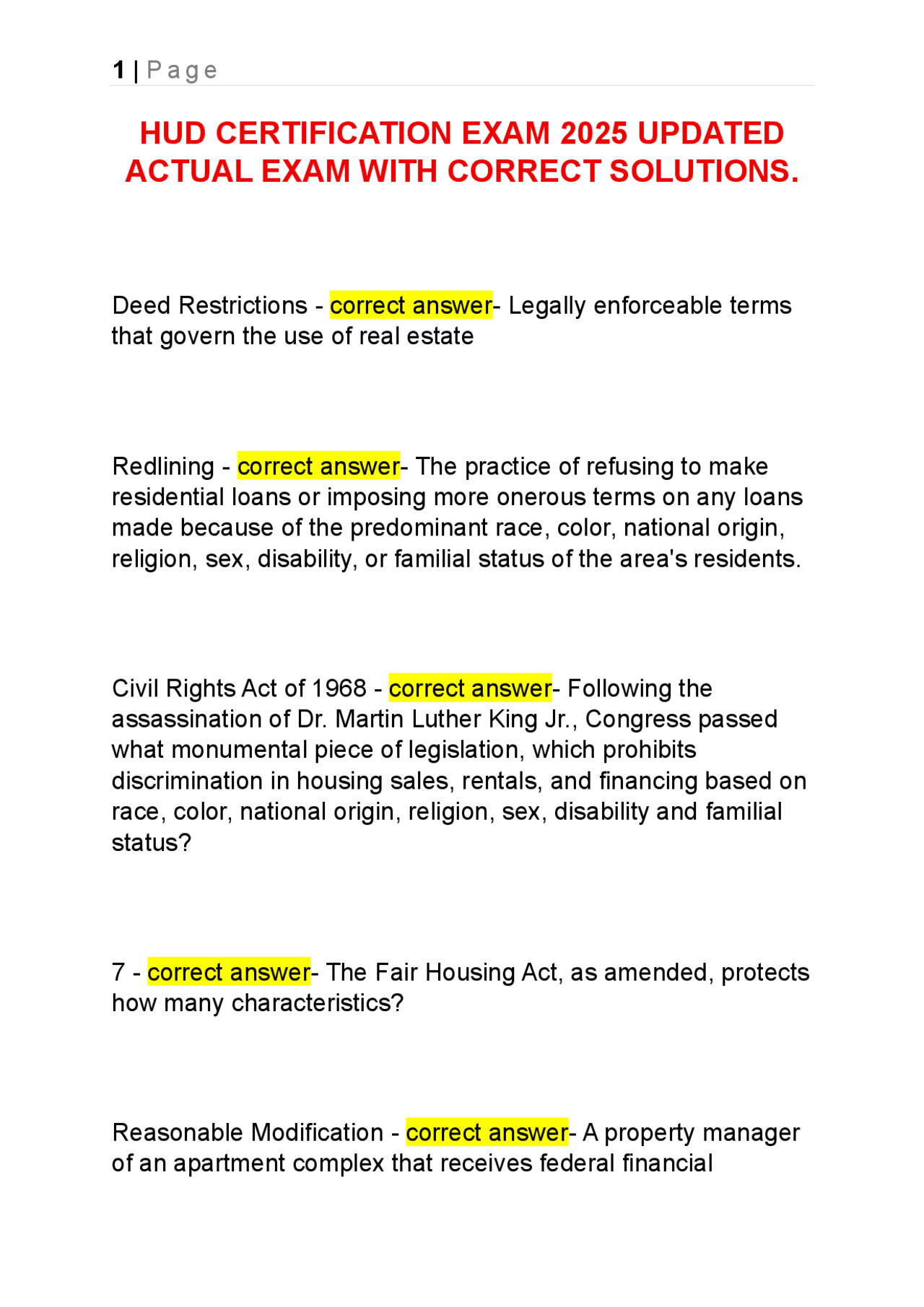 HUD CERTIFICATION EXAM 2025 UPDATED ACTUAL EXAM WITH CORRECT SOLUTIONS ...