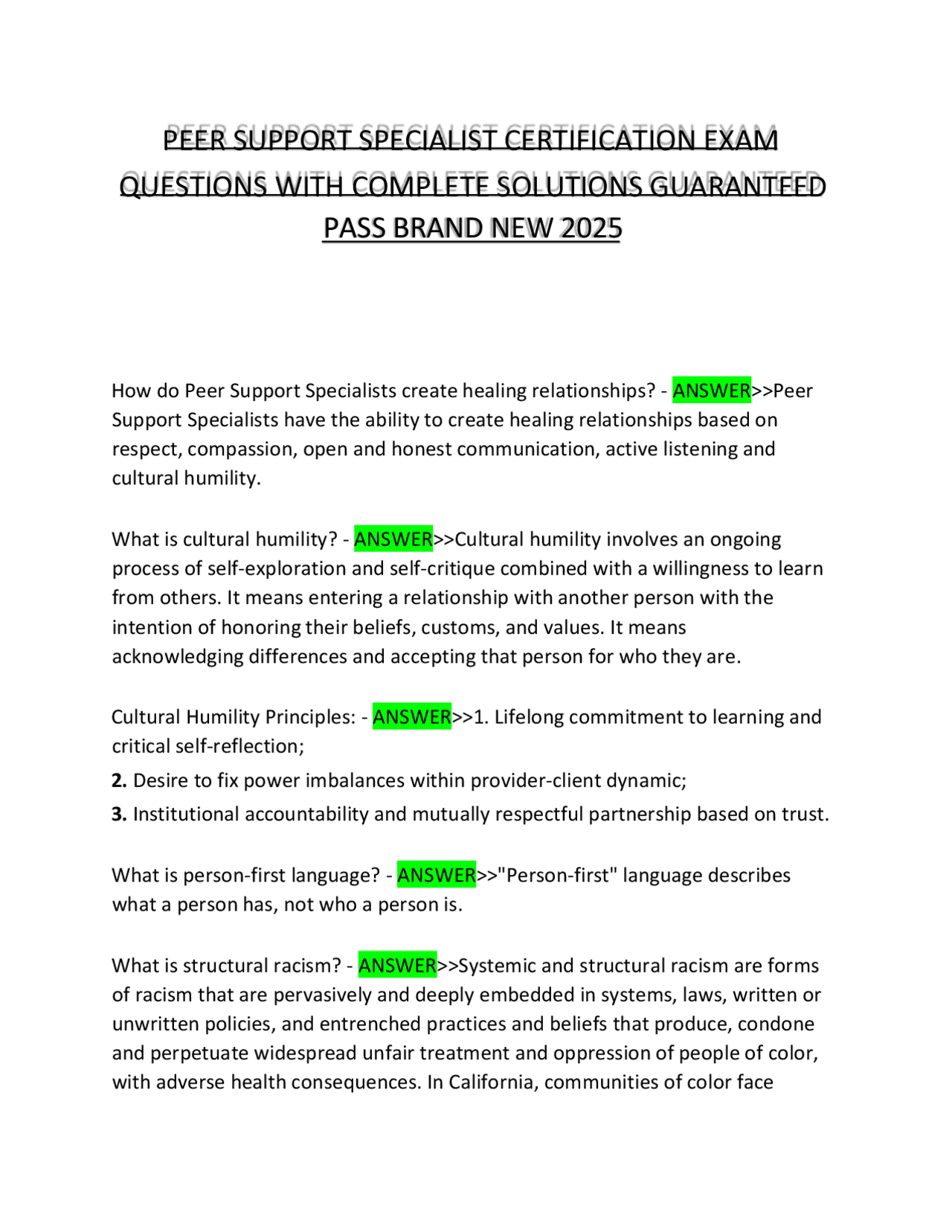 PEER SUPPORT SPECIALIST CERTIFICATION EXAM QUESTIONS WITH COMPLETE ...