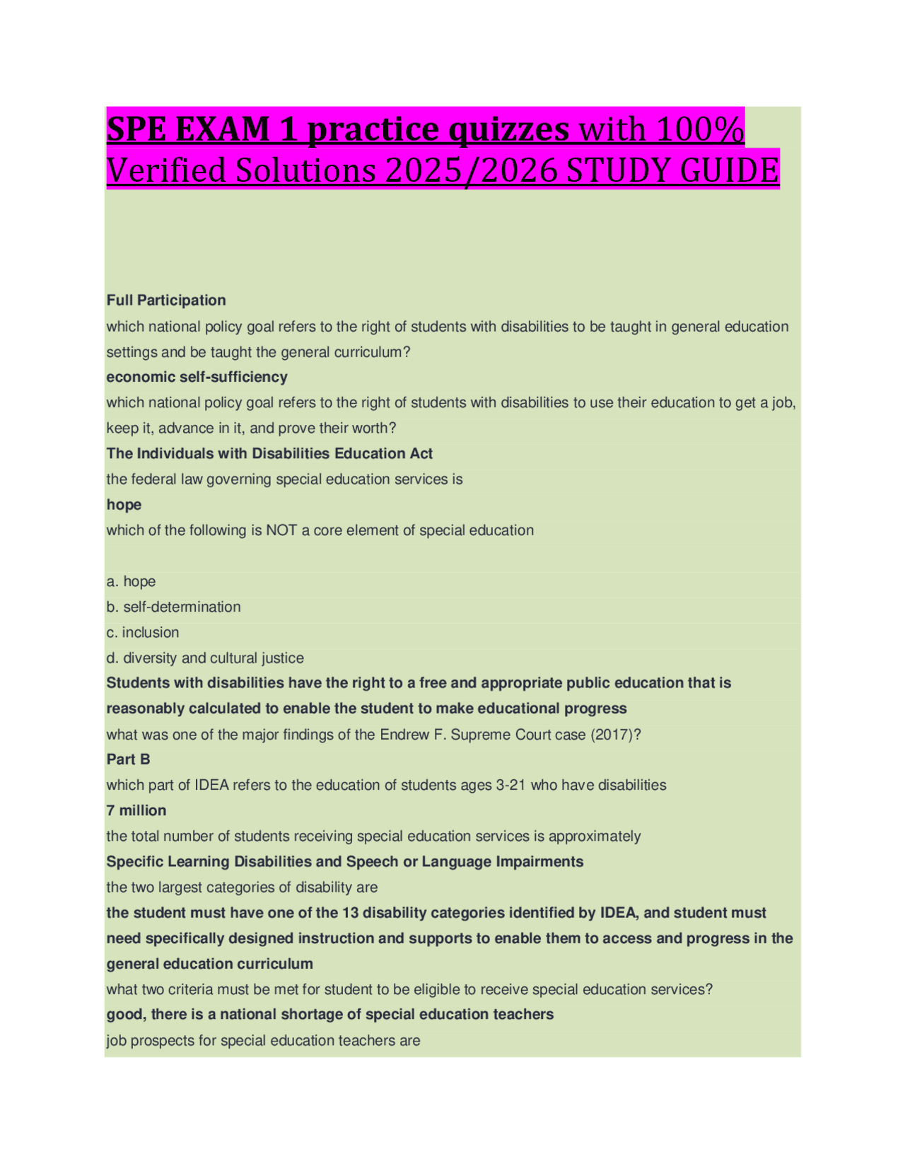 SPE EXAM 1 practice quizzes with 100% Verified Solutions 2025/2026 ...